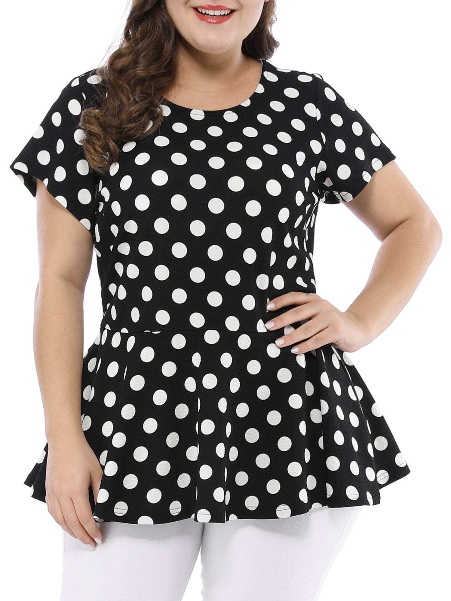 Unique Bargains Women's Plus Size Polka Dots Peplum Blouse Fashion ...