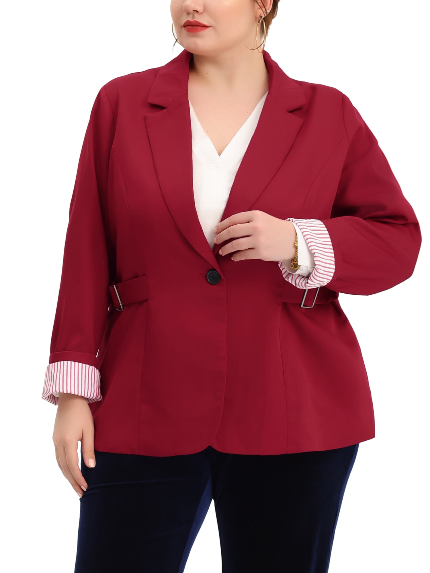 Unique Bargains Women's Plus Size Stripe Cuff Notched Lapel Casual ...