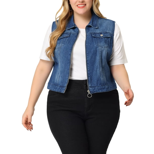 Unique Bargains Women's Plus Size Trucker Zipper Front Denim Jacket ...