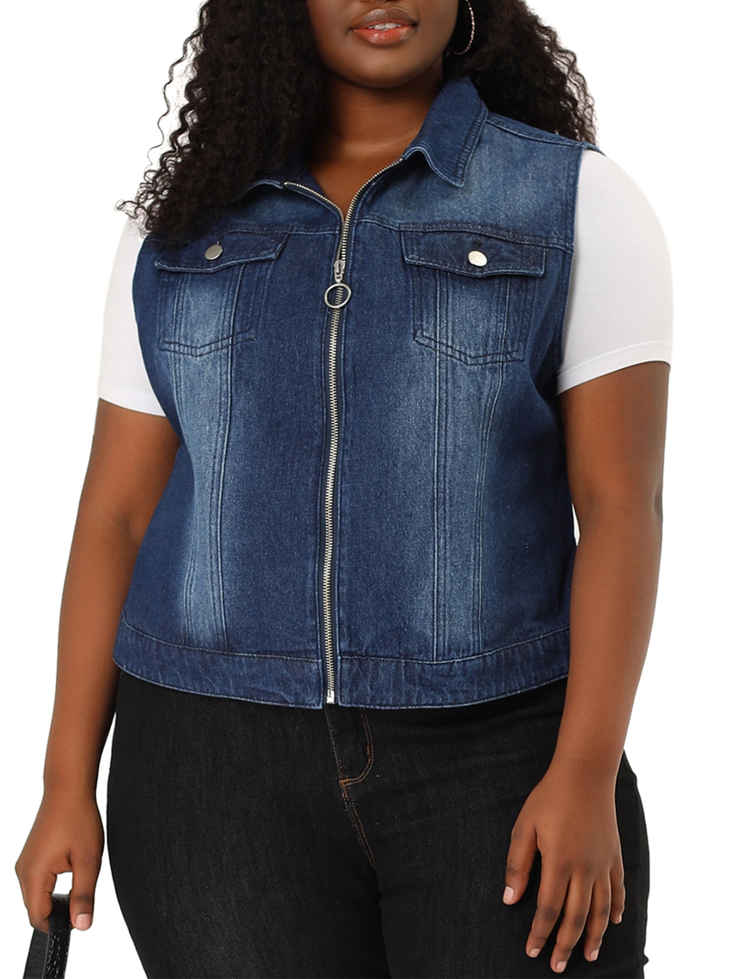 Unique Bargains Women's Plus Size Trucker Zipper Front Denim Jacket ...