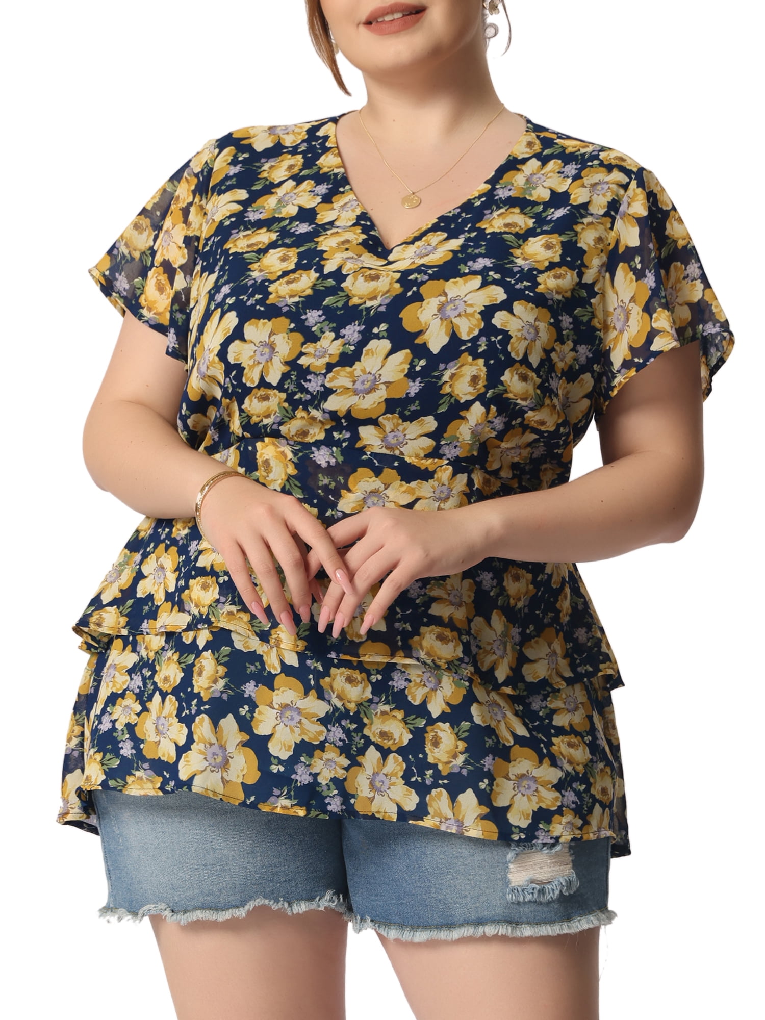 Unique Bargains Women's Plus Size V Neck Floral Chiffon Peasant Blouse with Ruffle Hem - Walmart.com