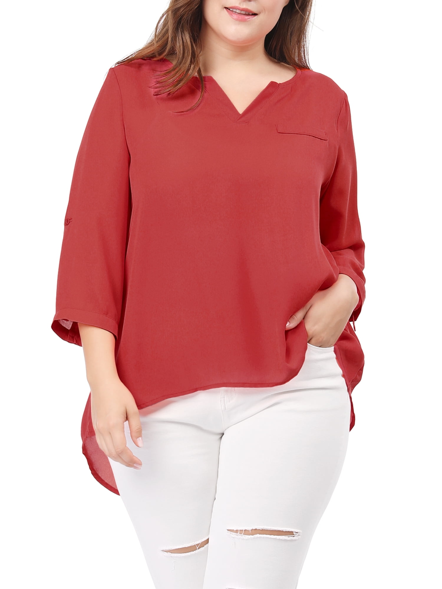 Unique Bargains Women's Plus Size V Neck High Elbow Sleeves Blouse 3X ...