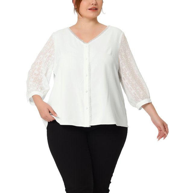 Unique Bargains Womens Plus Size V Neck Lace 3 4 Sleeves Top Casual
