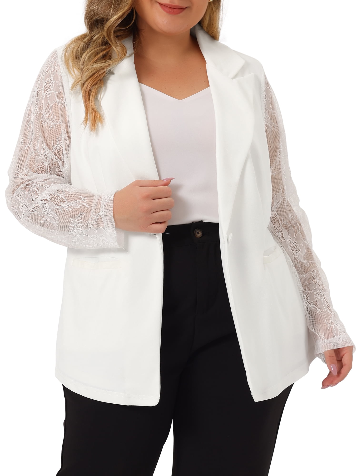 Unique Bargains Women's Plus Size Work Notch Lapel Lace Front Blazers ...