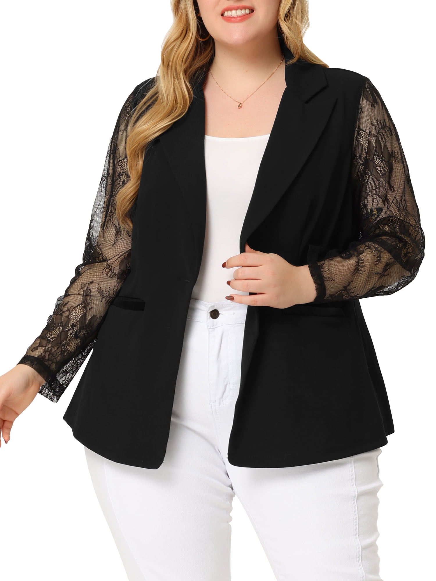 Unique Bargains Women's Plus Size Work Notch Lapel Lace Front Blazers ...