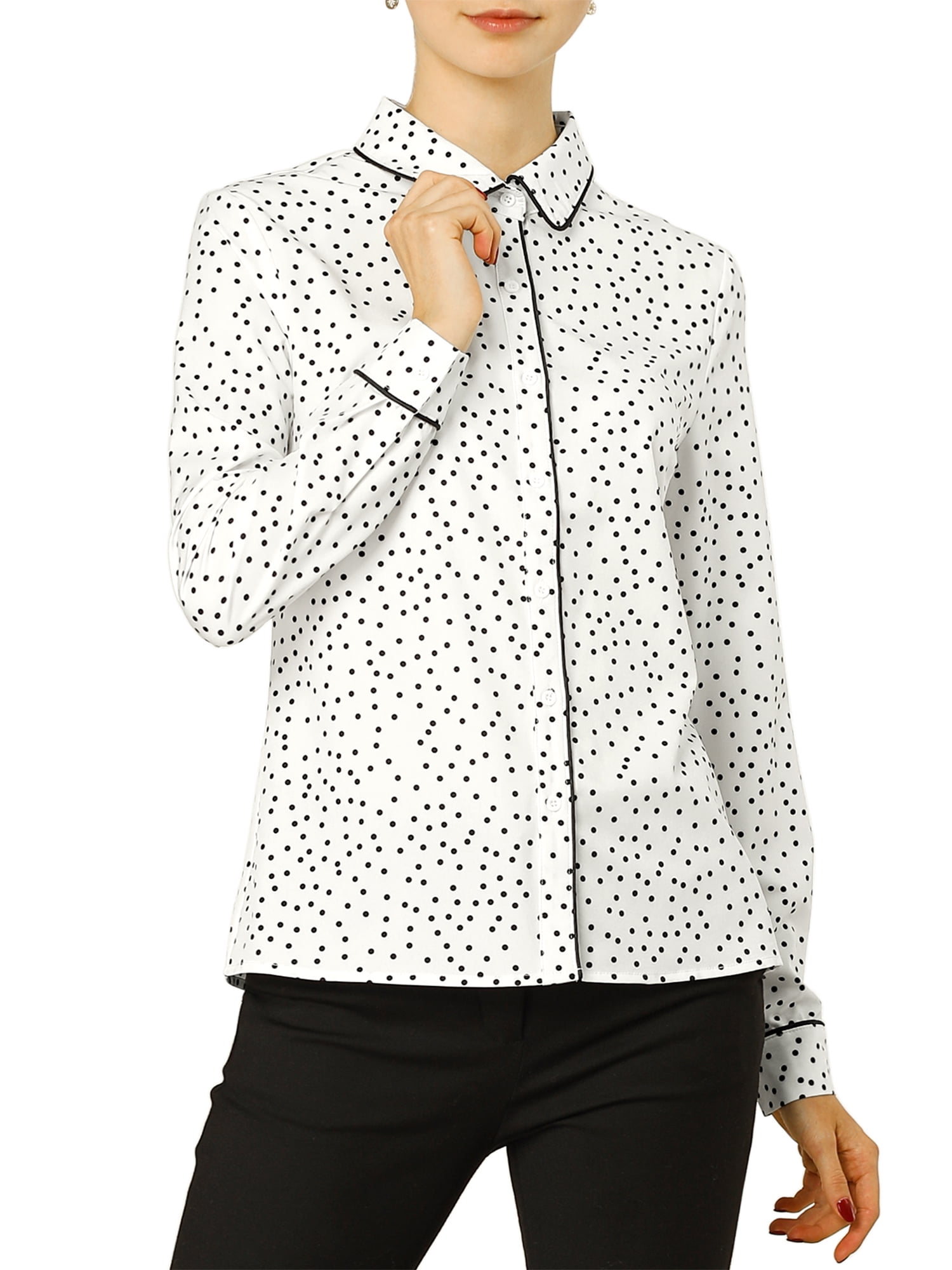 Unique Bargains Women's Polka Dots Long Sleeve Button Down Contrast ...