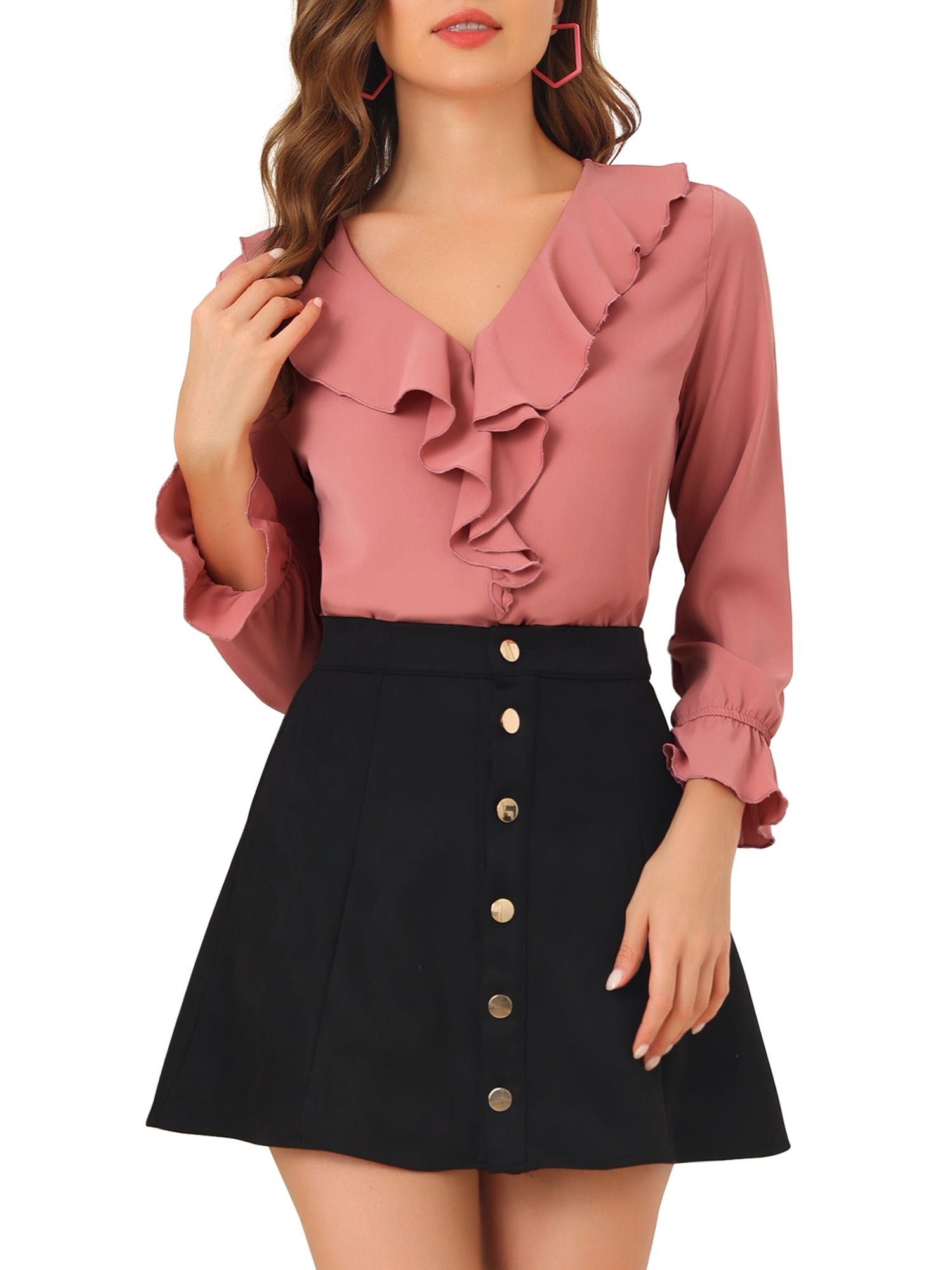 Unique Bargains Women's Ruffle V Neck Chiffon Work Office Peasant ...