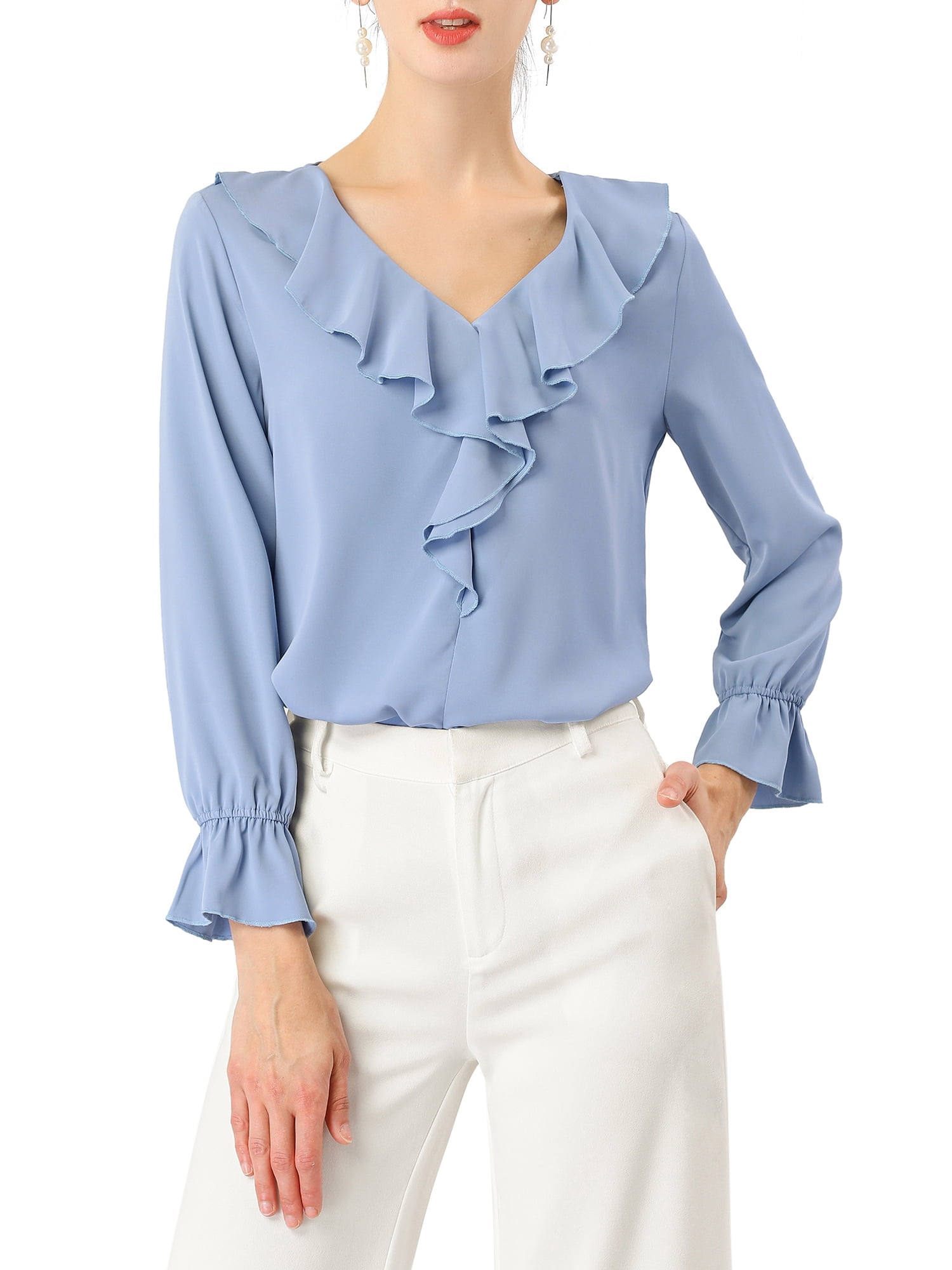 Unique Bargains Women's Ruffle V Neck Chiffon Work Office Peasant ...