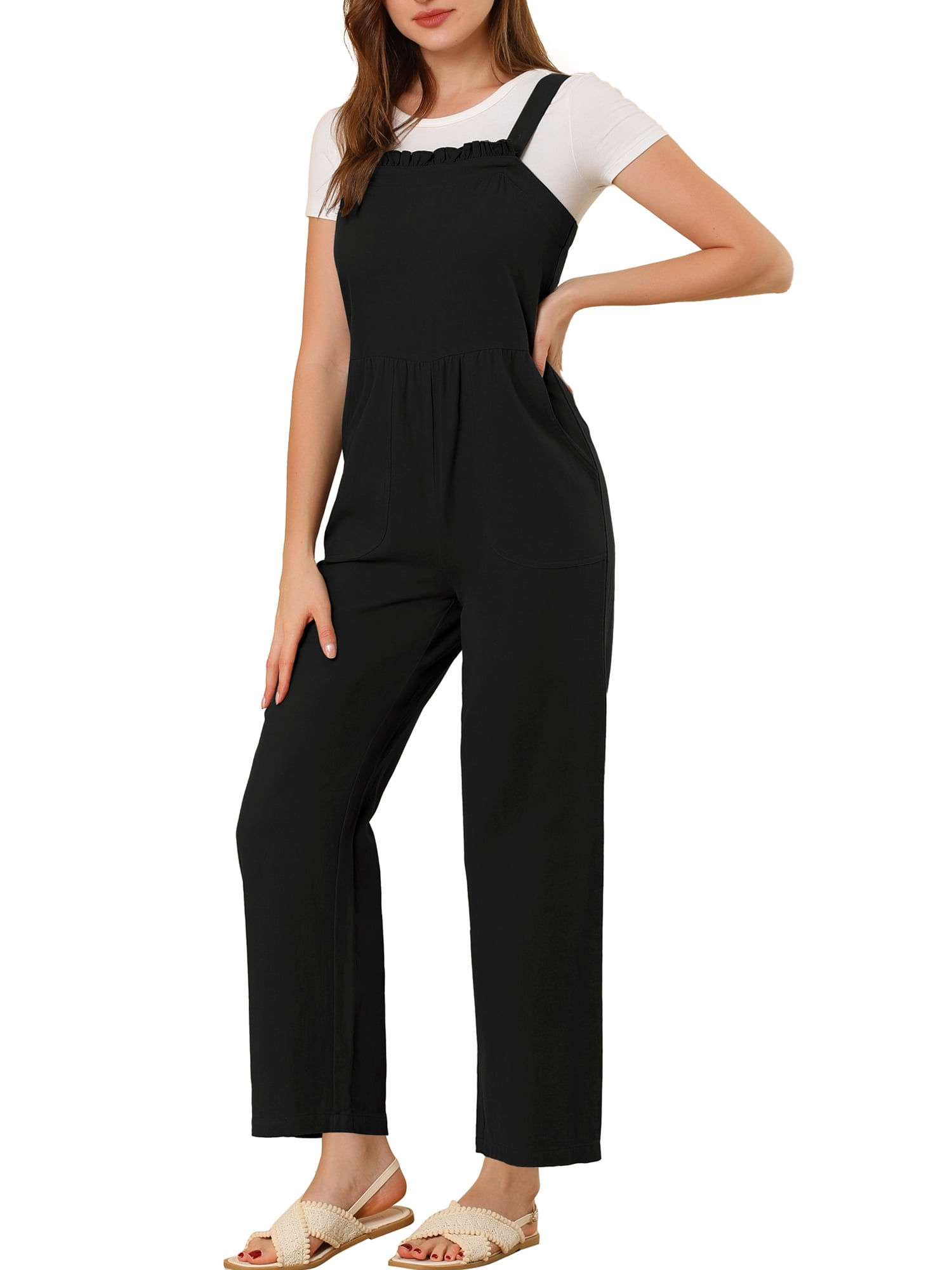 Unique Bargains Women's Ruffled Neck Sleeveless Wide Leg Overalls ...