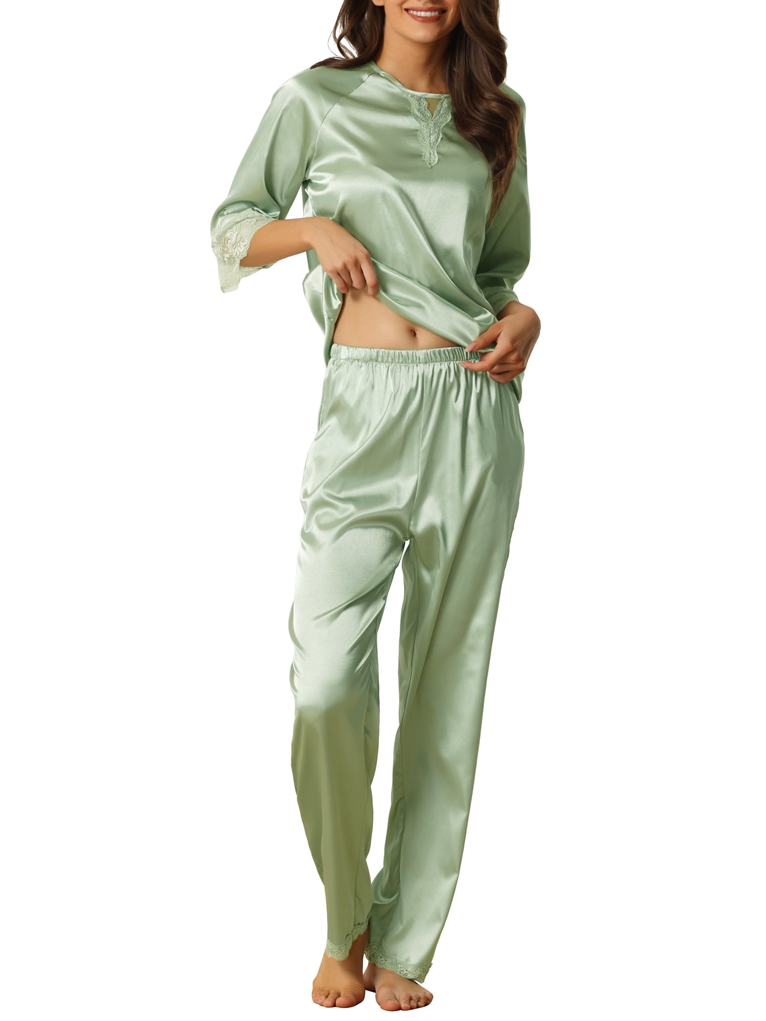 Unique Bargains Women's Satin Lounge with Pants Nightwear Pajama ...