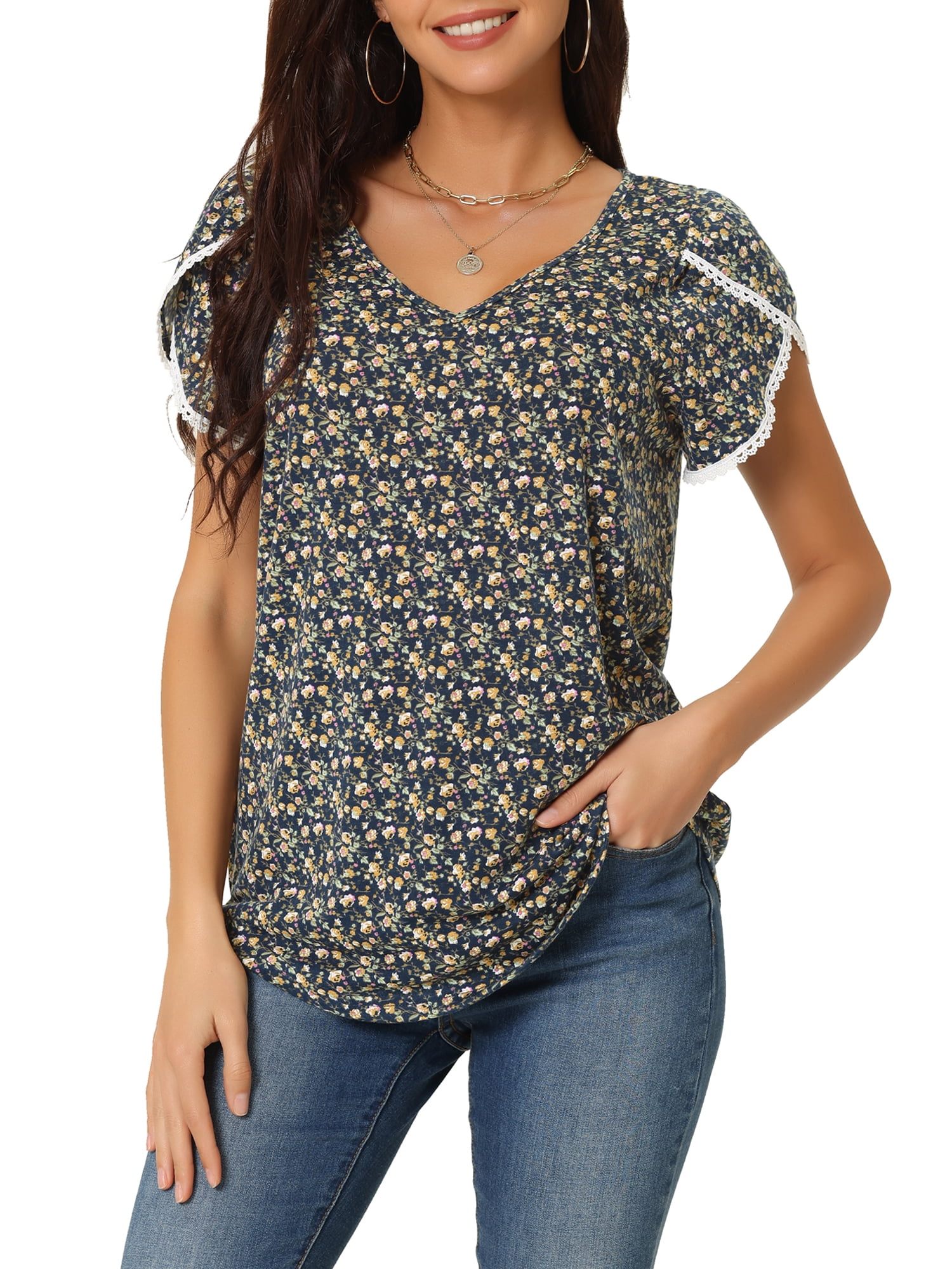 Unique Bargains Women's Shirts V Neck Lace Crochet Short Sleeve Cute ...