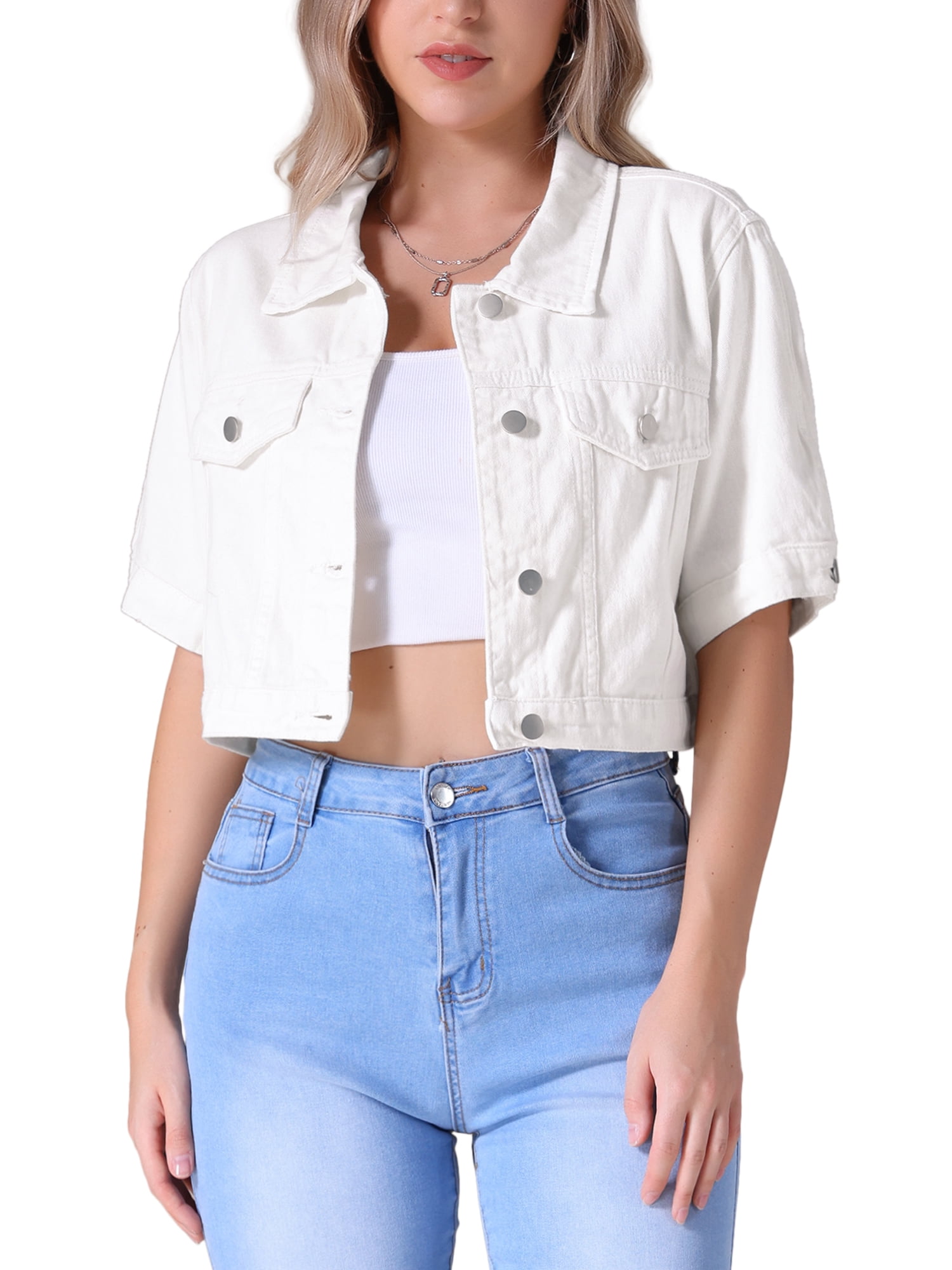 Unique Bargains Women's Short Sleeve Denim Jacket Cropped Jean Jackets ...