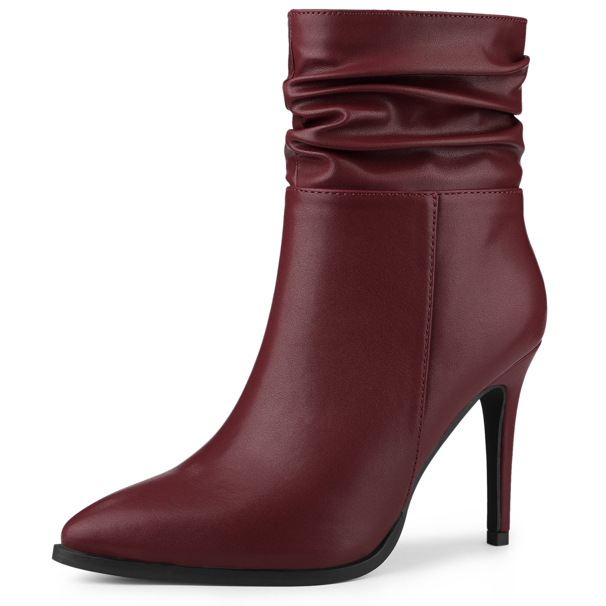 Unique Bargains Women's Side Zip Solid Pointy Toe Stiletto Heel Ankle Boots Burgundy 9.5 ...