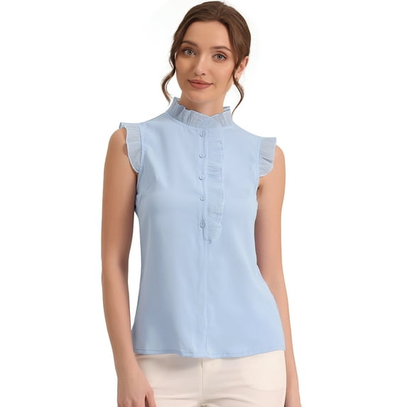 Unique Bargains Women's Sleeveless Button Up Solid Color Ruffle Blouse ...