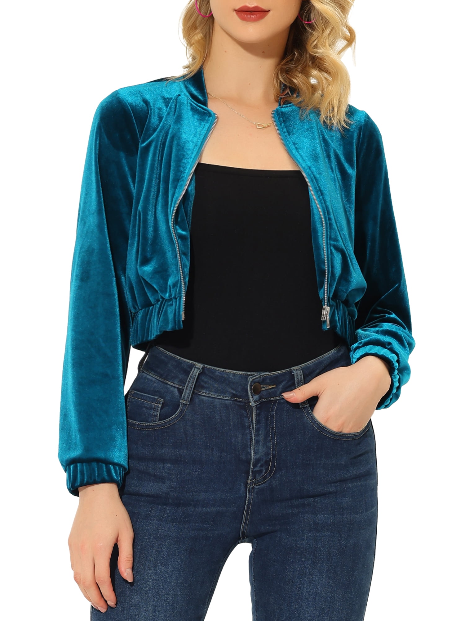 Unique Bargains Women's Solid Cropped Zip Up Winter Fashion Jacket S ...