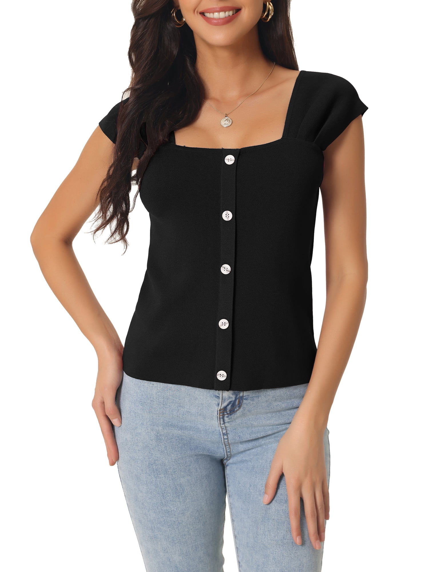 Unique Bargains Womens Square Neck Ribbed Knit Buttons Decor