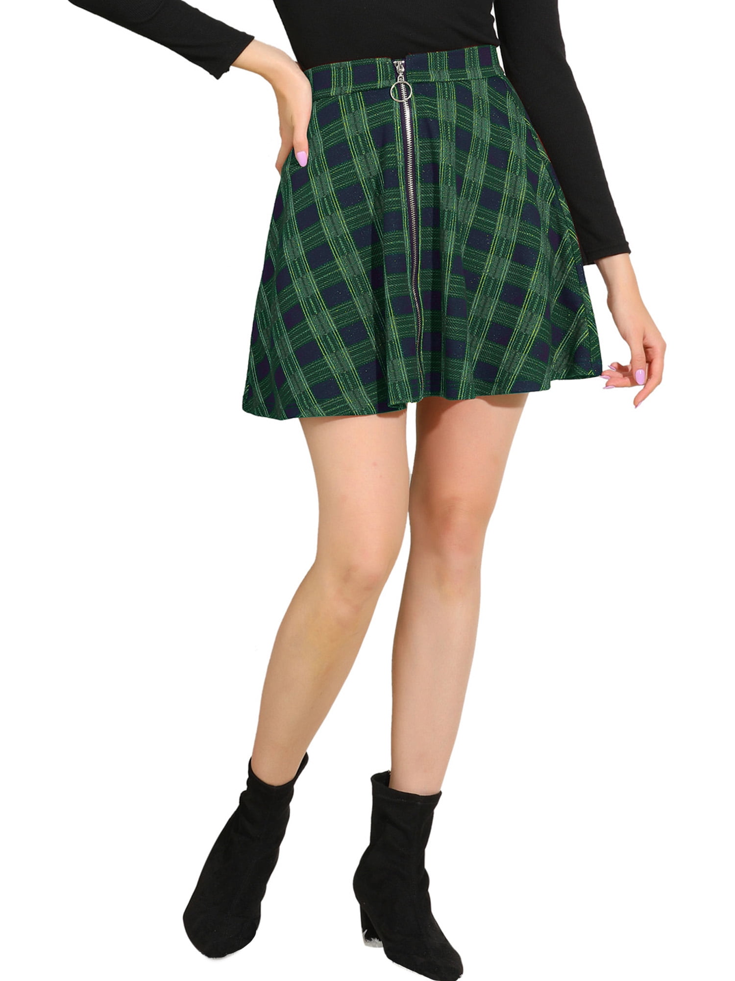 Unique Bargains Womens Tartan Plaid High Waist Zip Front A Line Skater