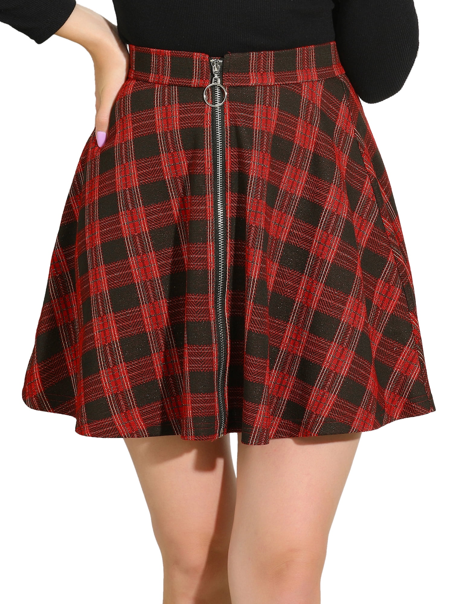 Unique Bargains Womens Tartan Plaid High Waist Zip Front A Line Skater