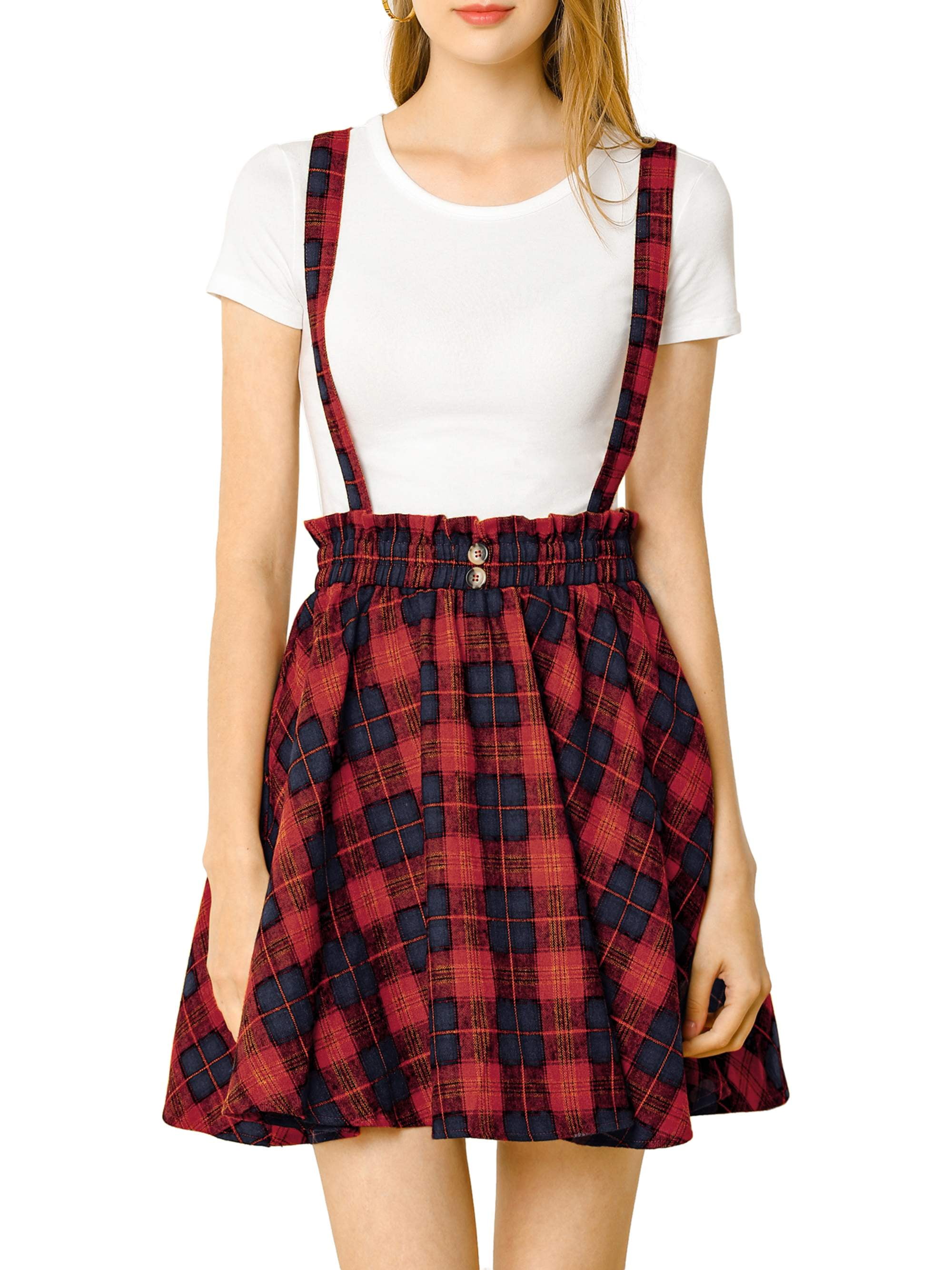 Unique Bargains Womens Tartan Plaid Summer Flare Skater Suspender