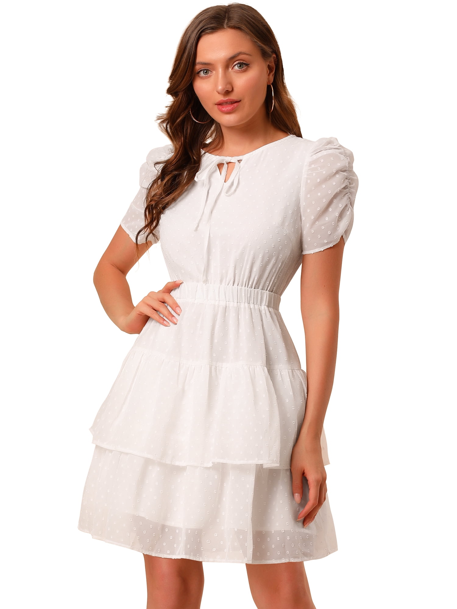 Unique Bargains Women's Tie Neck Ruched Sleeve Double Layers Ruffle Hem Short Dress M White ...