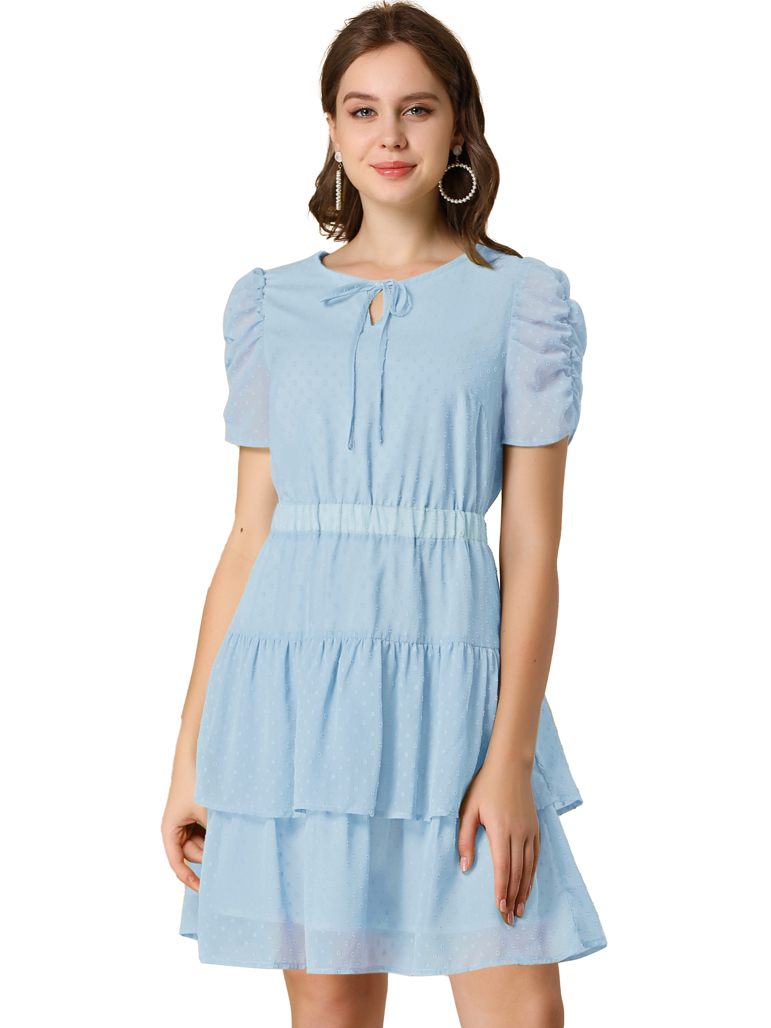 Unique Bargains Women's Tie Neck Ruched Sleeve Double Layers Ruffle Hem Short Dress S Light Blue ...