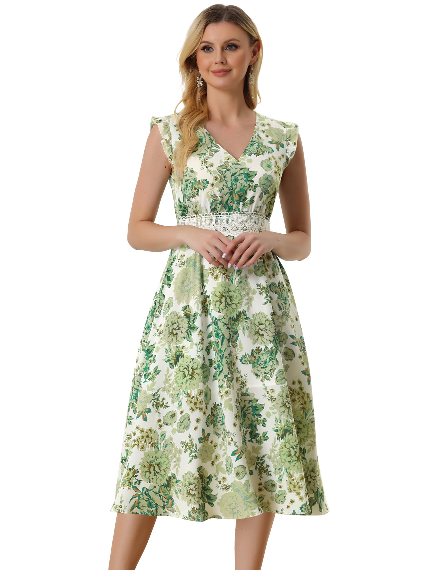 Unique Bargains women's Boho Chic V Neck Lace Insert Waist Midi Floral ...