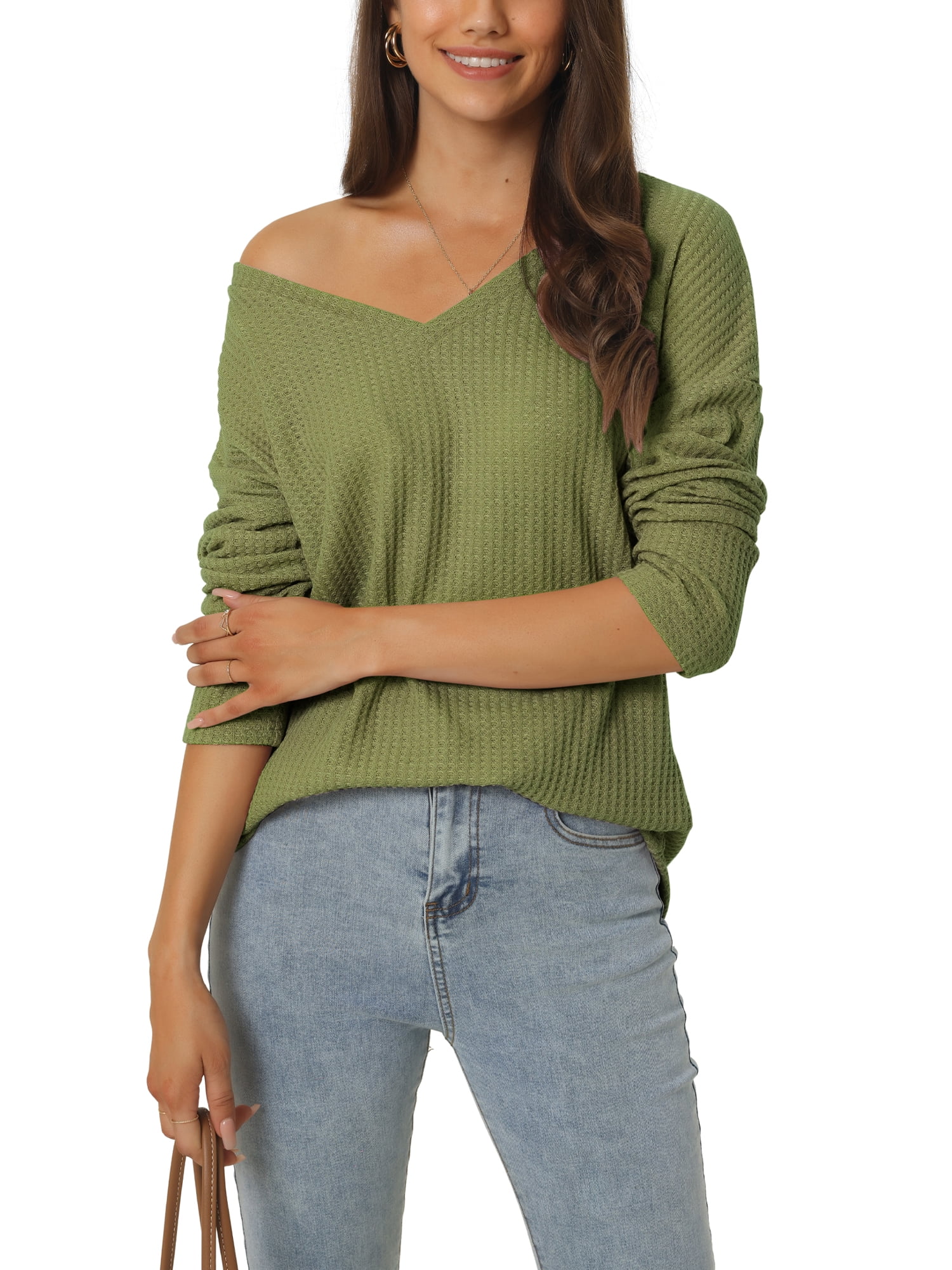Unique Bargains Women's V Neck Waffle Knit Long Sleeve Slim Fit Casual ...