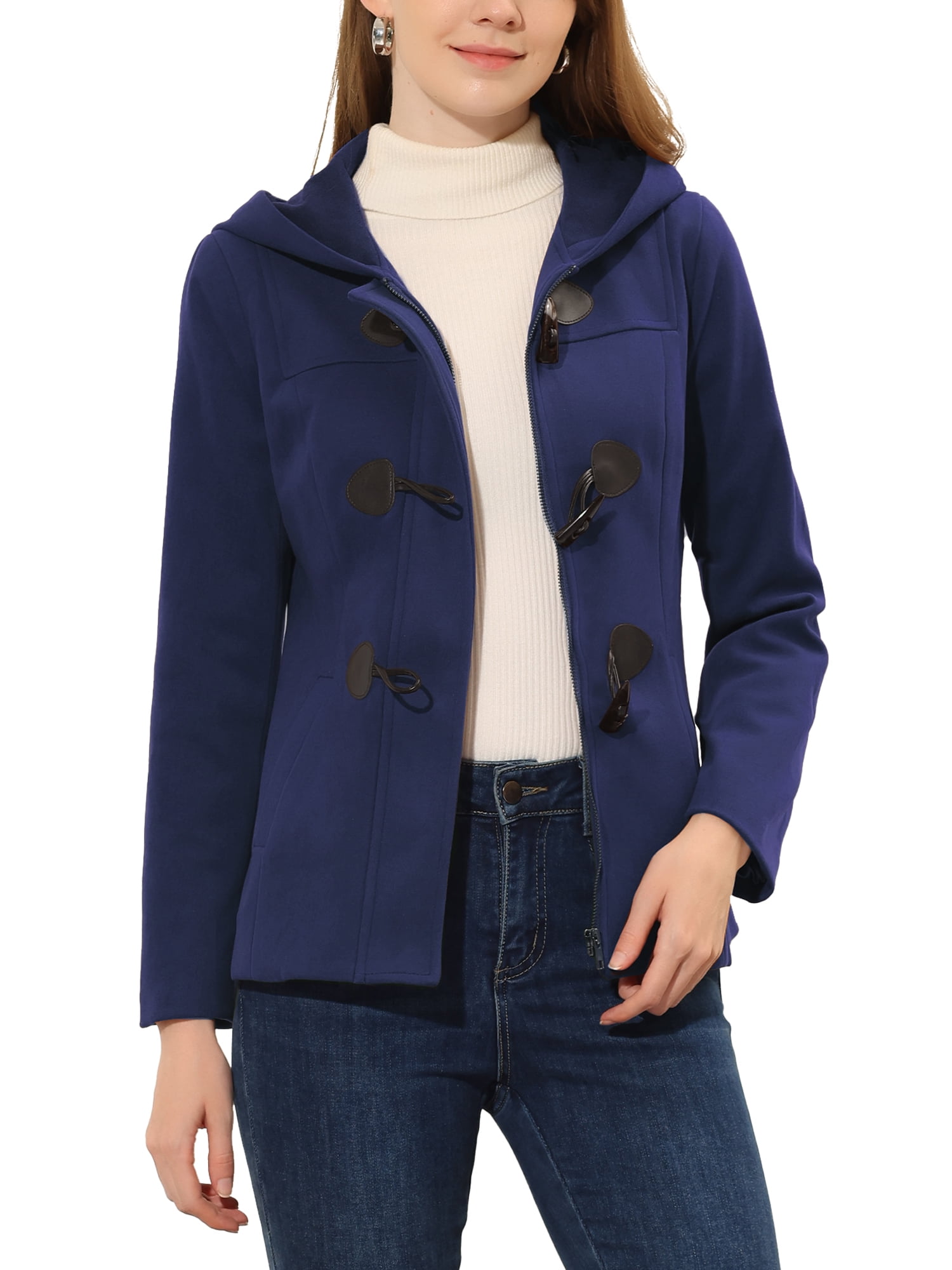 Unique Bargains Womens Winter Outwear Hooded Zip Up Button Toggle Pea