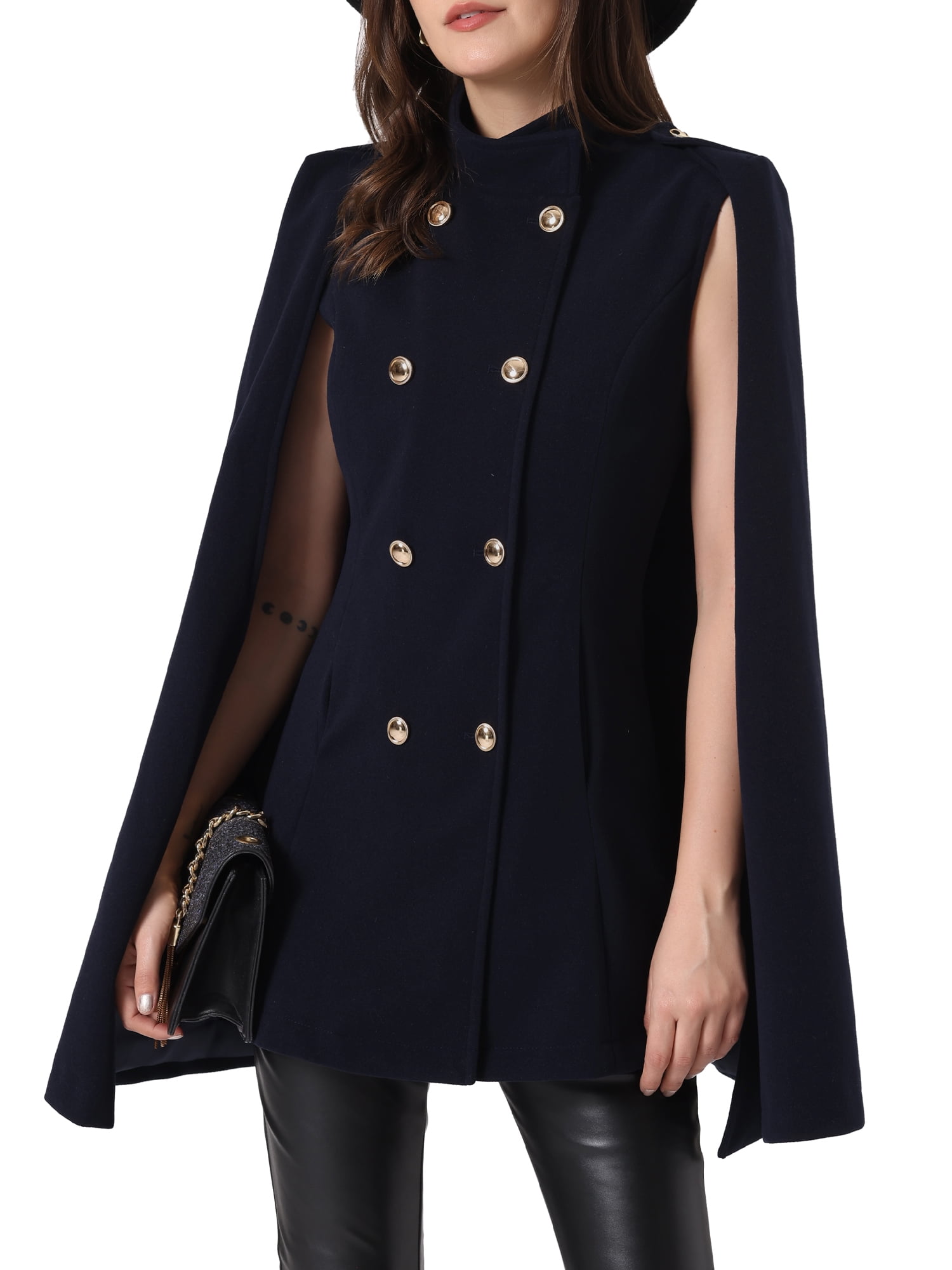 Unique Bargains Women's Winter Slit Sleeve Double Breasted Cloak Coat S ...