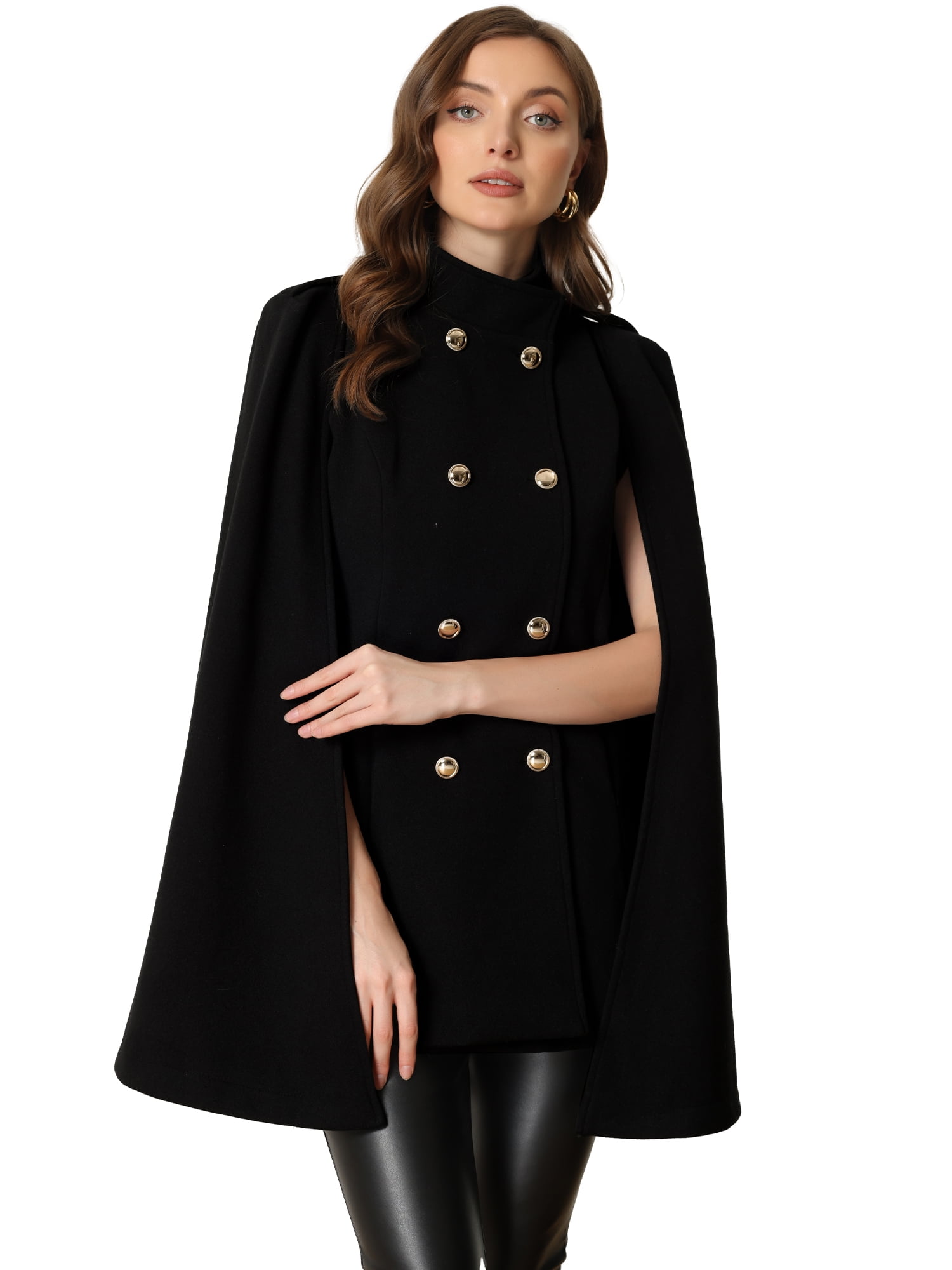DARING DIVA Women's Winter Slit Sleeve Double Breasted Cloak Coat Black ...
