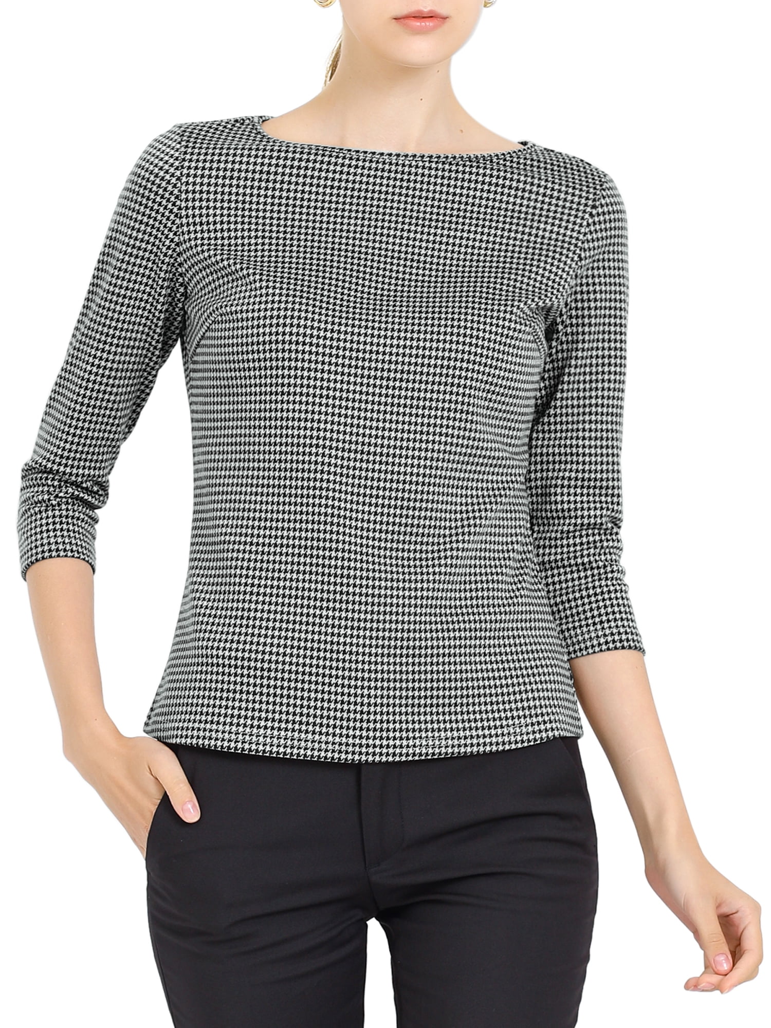 Bargains women's Houndstooth Top - 3/4 Sleeve Boat Neck - Walmart.com