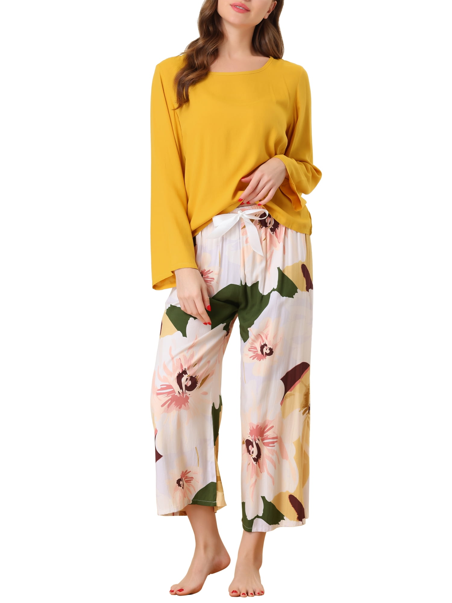Unique Bargains Womens 2pcs Long Sleeve Capri Pants Floral Lounge ...