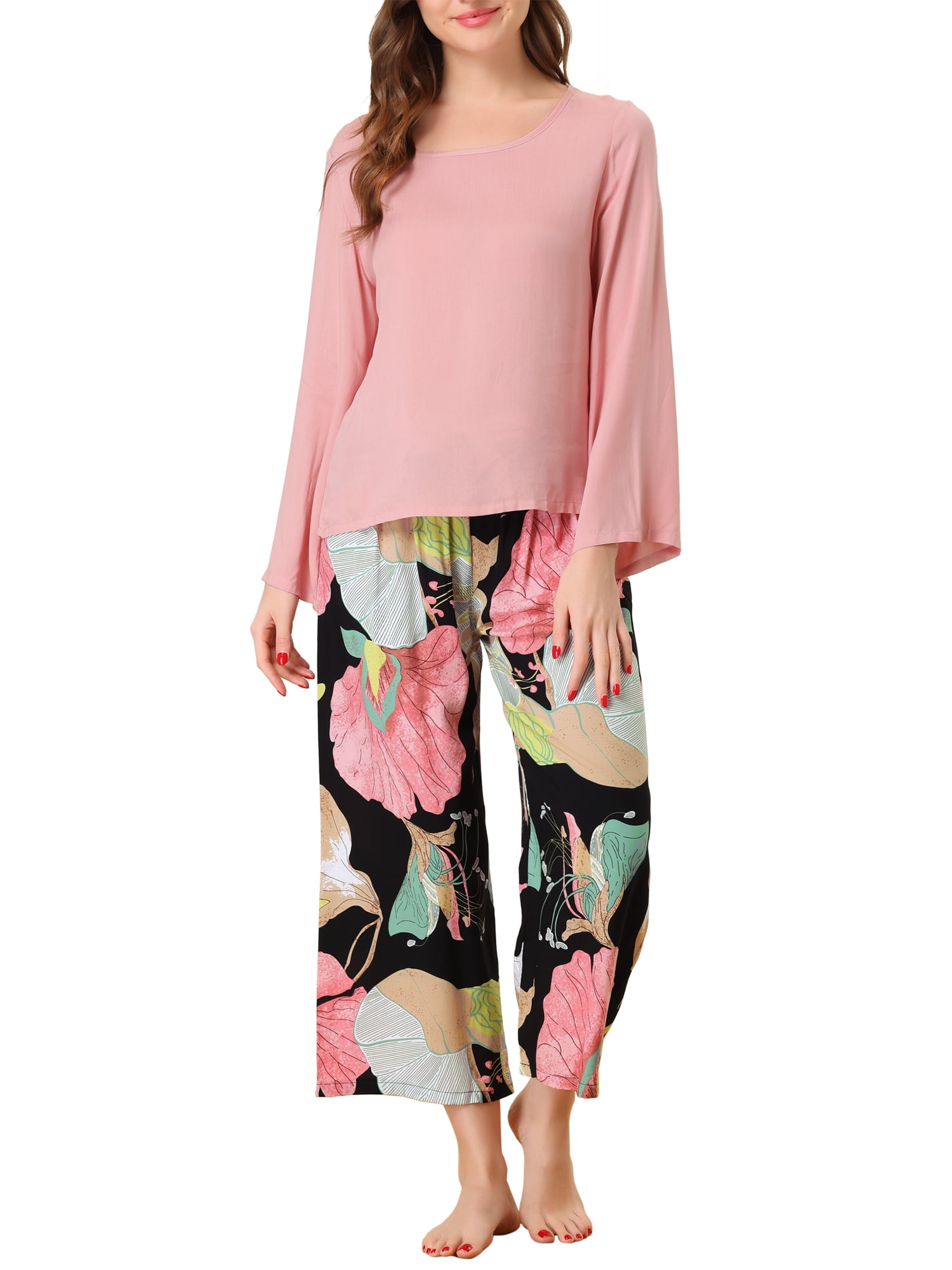 Unique Bargains Womens 2pcs Long Sleeve Capri Pants Floral Lounge ...