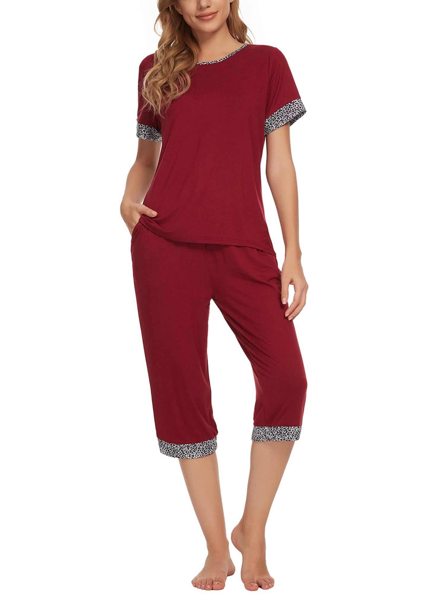 Unique Bargains Women's Pajama Set Round Neck Capri Pants Lightweight ...