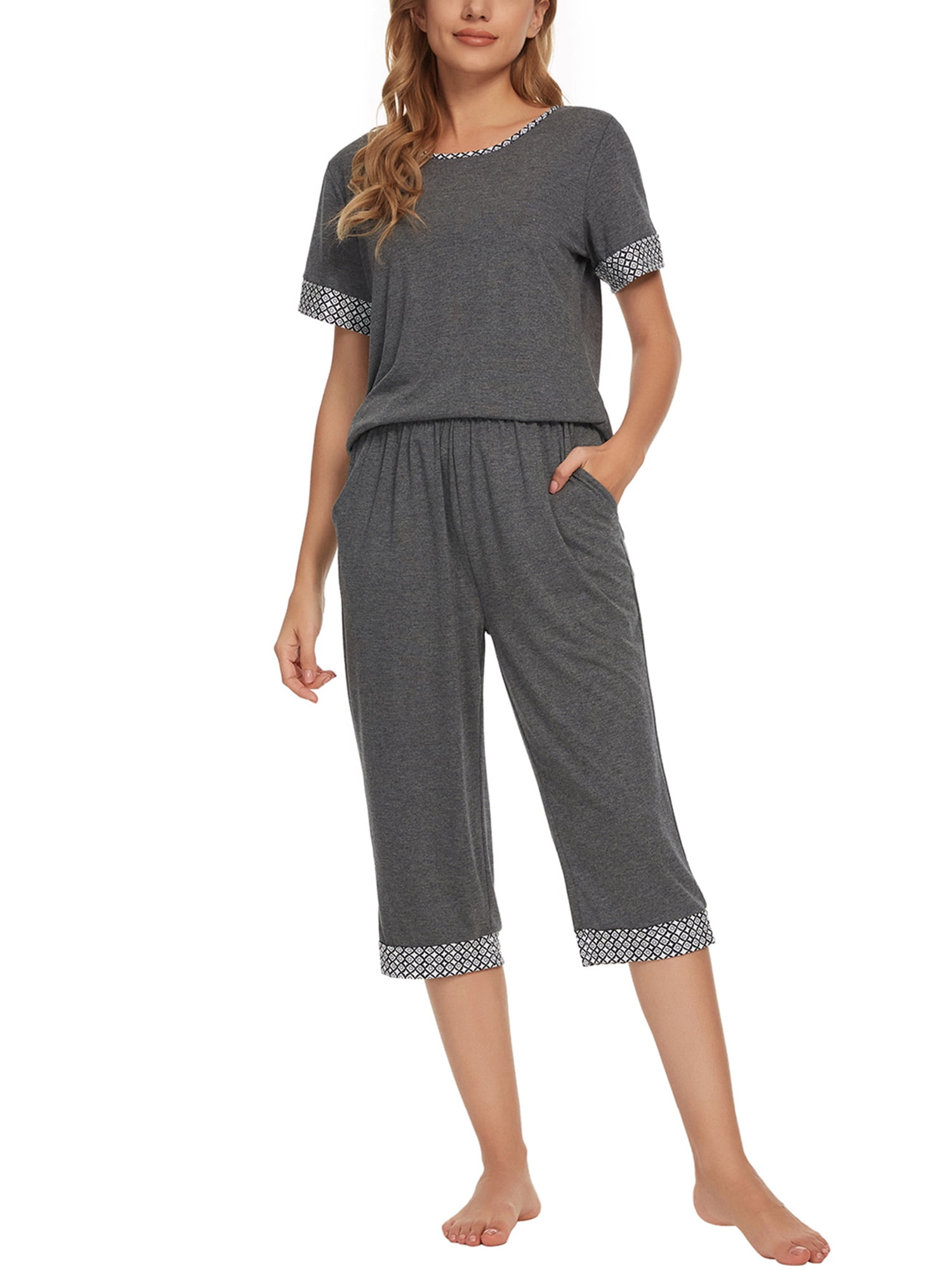 Unique Bargains Women's Pajama Set Round Neck Capri Pants Comfortable ...