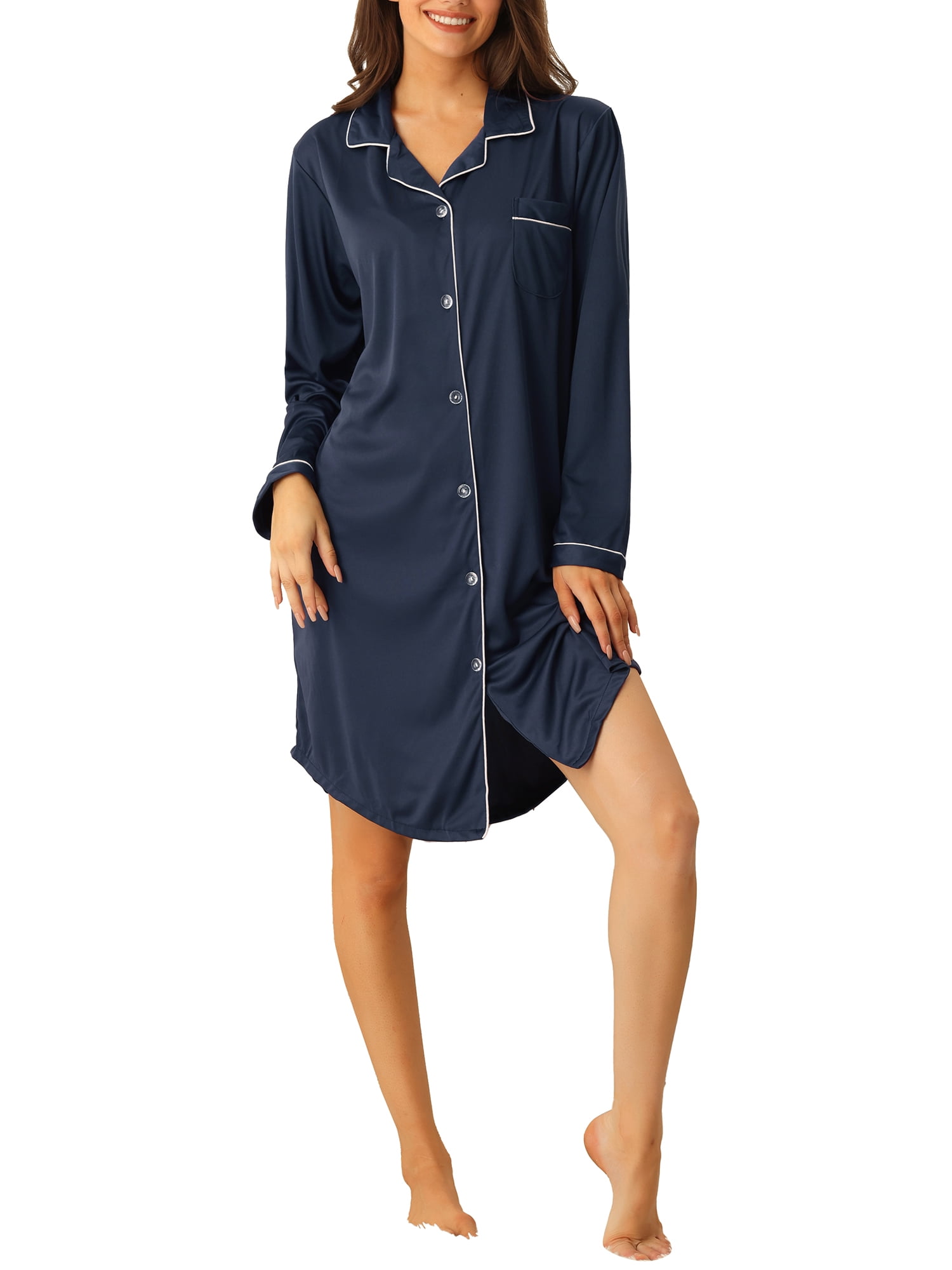Unique Bargains Womens Satin Button Down Nightgown Long Sleeve Silky