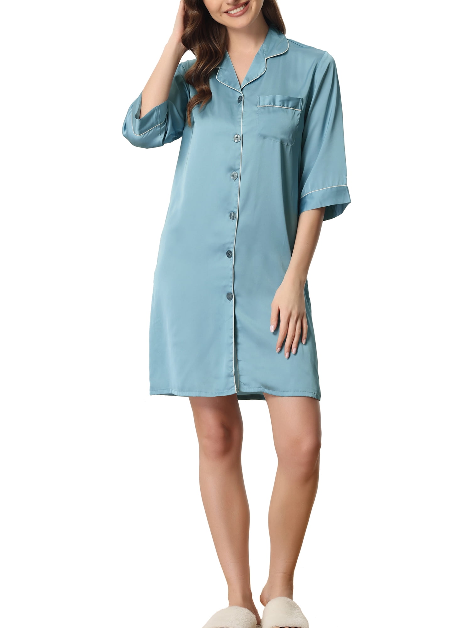 Unique Bargains Womens Satin Dress Nightgown Button Down Nightshirt
