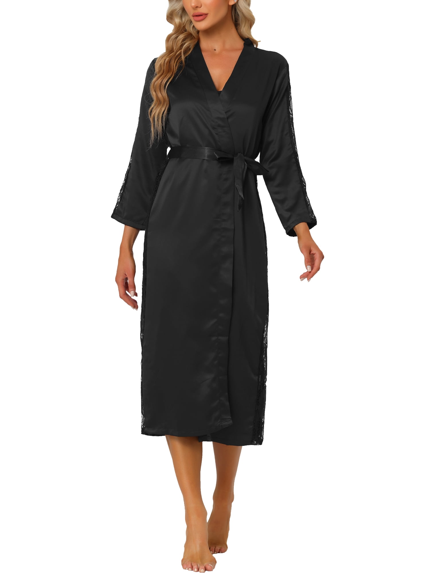 Unique Bargains Womens Satin Robe Lace Trim Kimono Bathrobe Bridesmaid ...