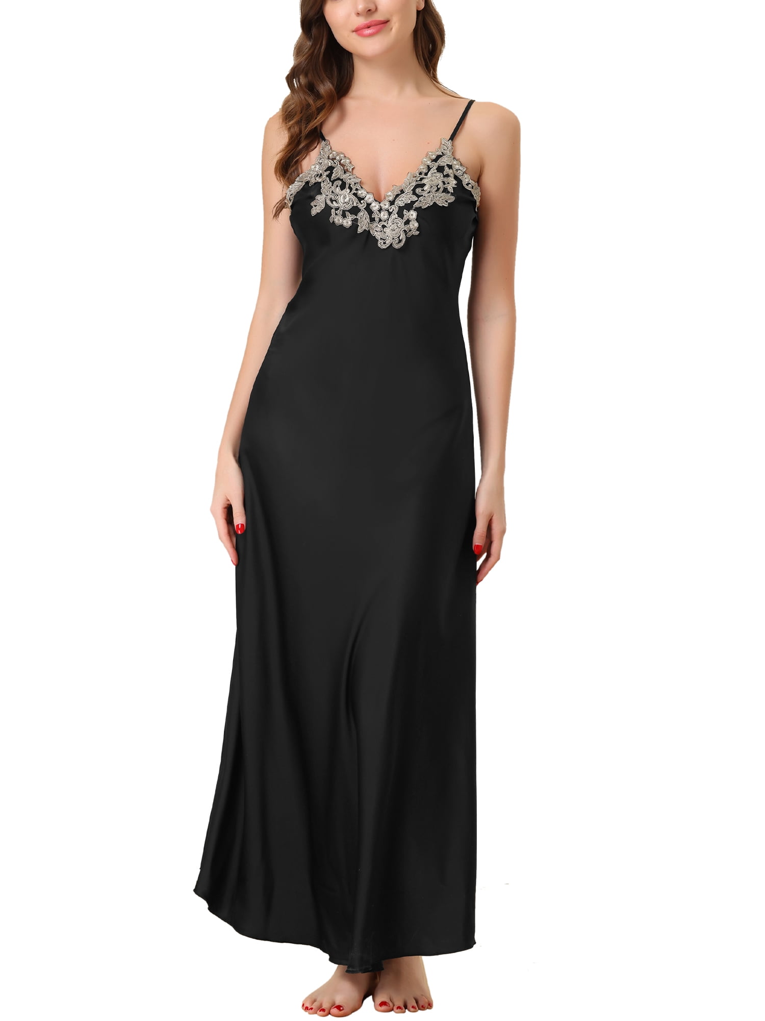 Unique Bargains Women's Satin Sleeveless Nightgown Lace Chemise ...