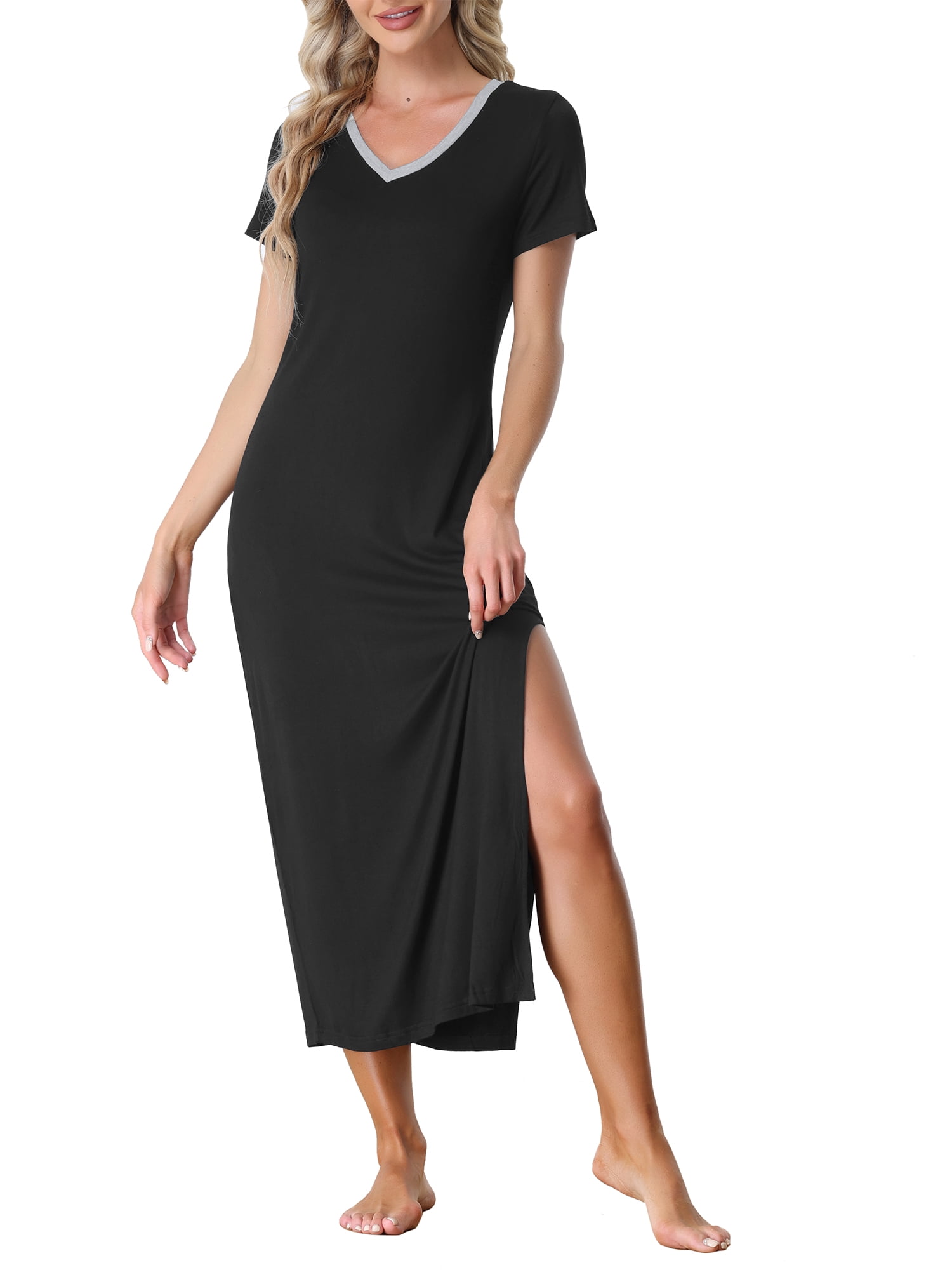 Unique Bargains Women's Black Sleepwear Nightgown with Side Slit - S ...