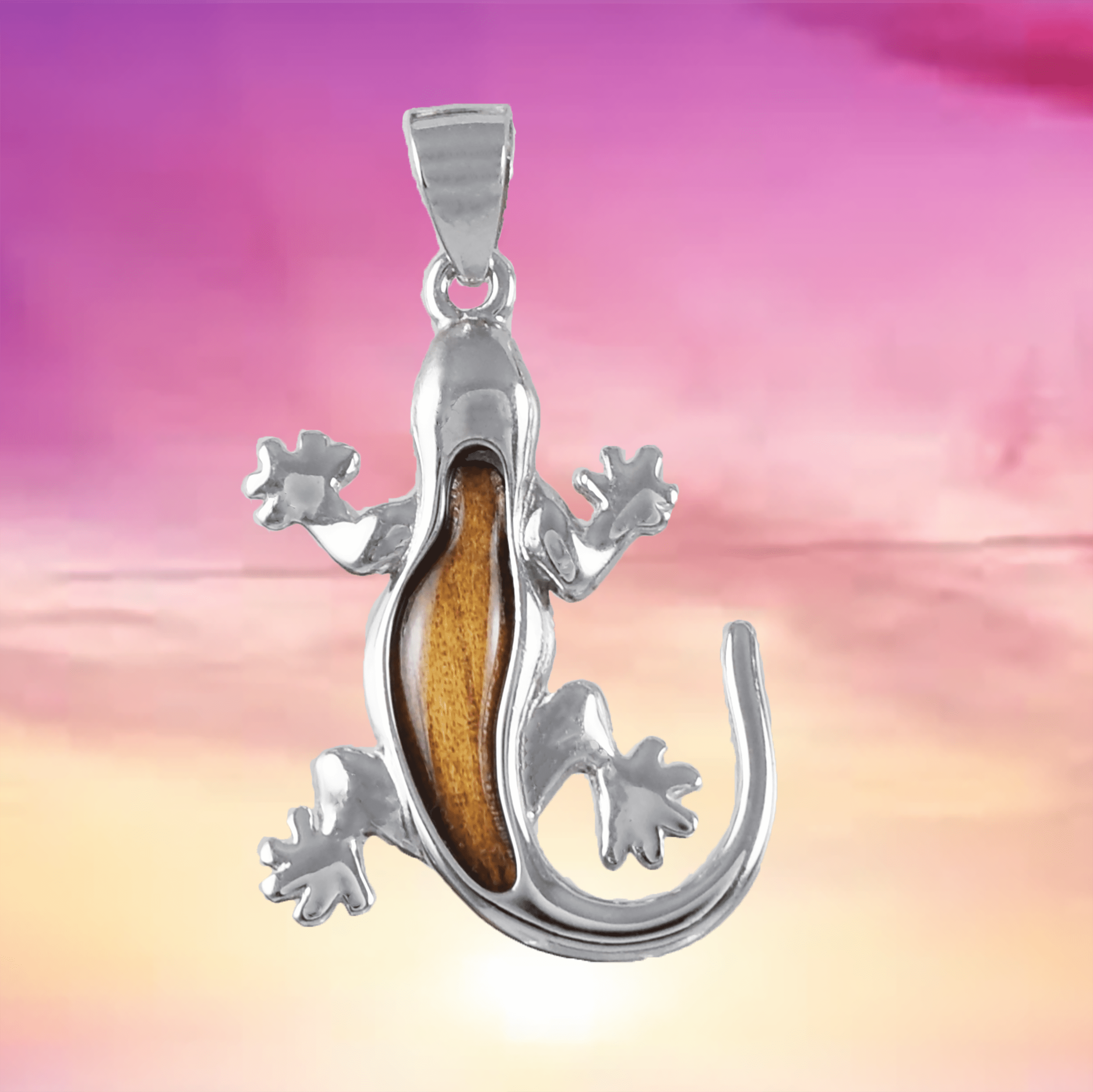 Unique Beautiful Hawaiian Genuine Koa Wood Gecko Necklace, Sterling ...