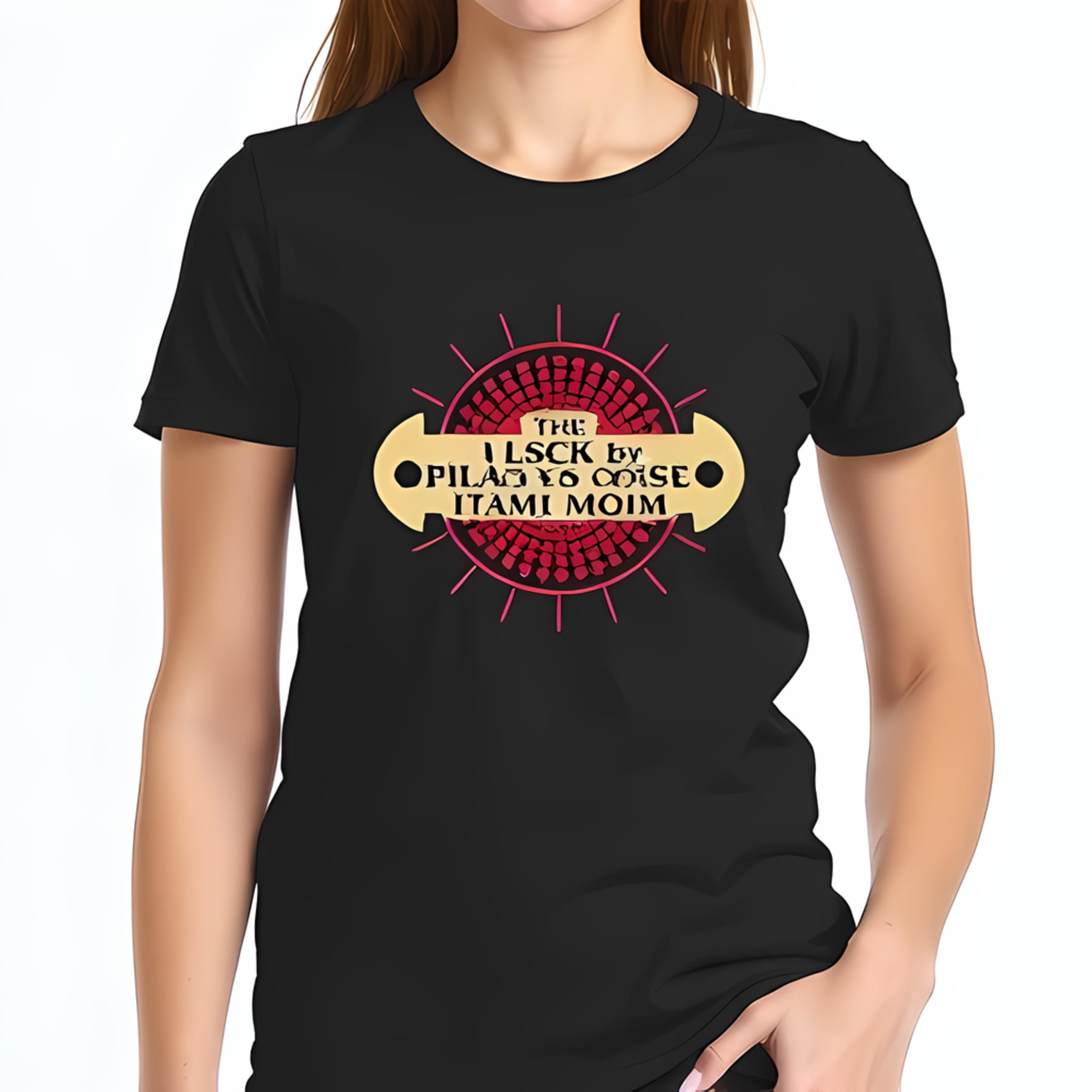 Unique Black Cotton Short Sleeve T-Shirt with Vibrant Red & Gold Circular Graphic Design - " THE ...