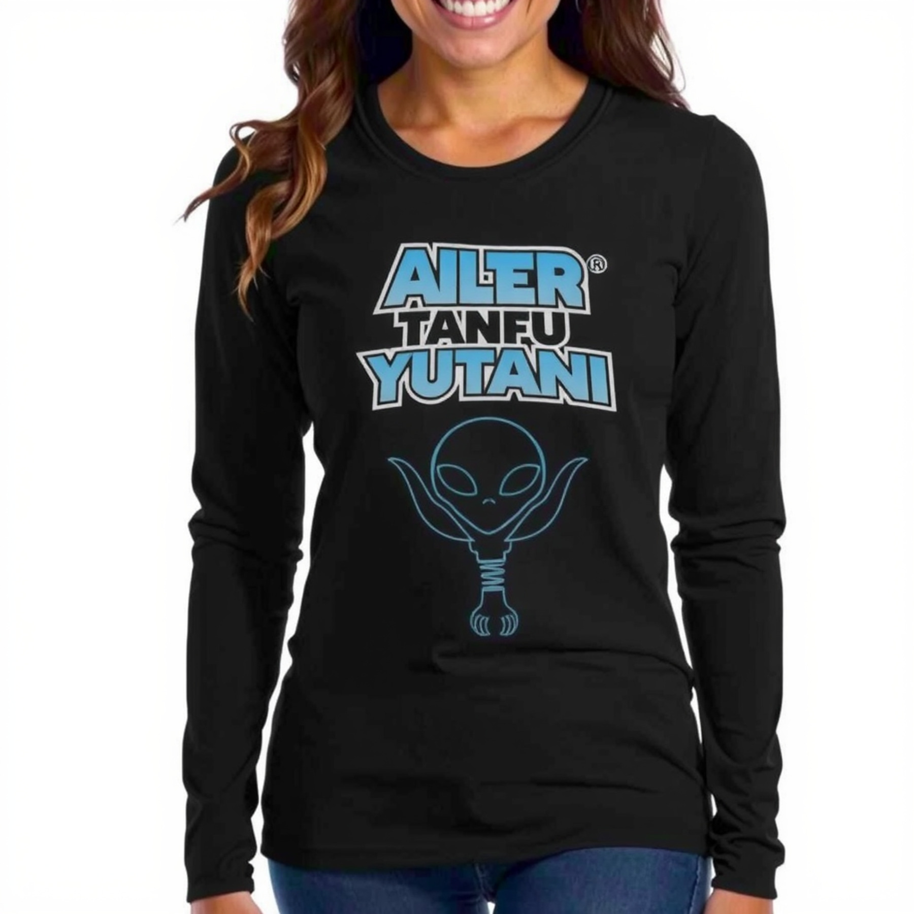 Unique Black Long Sleeve T-Shirt with Blue & White Design - "Ailer ...