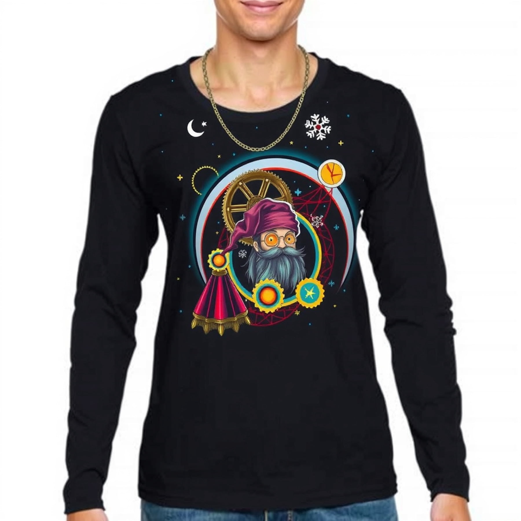 Unique Black Long Sleeve T-Shirt with Whimsical Character Design Gears ...