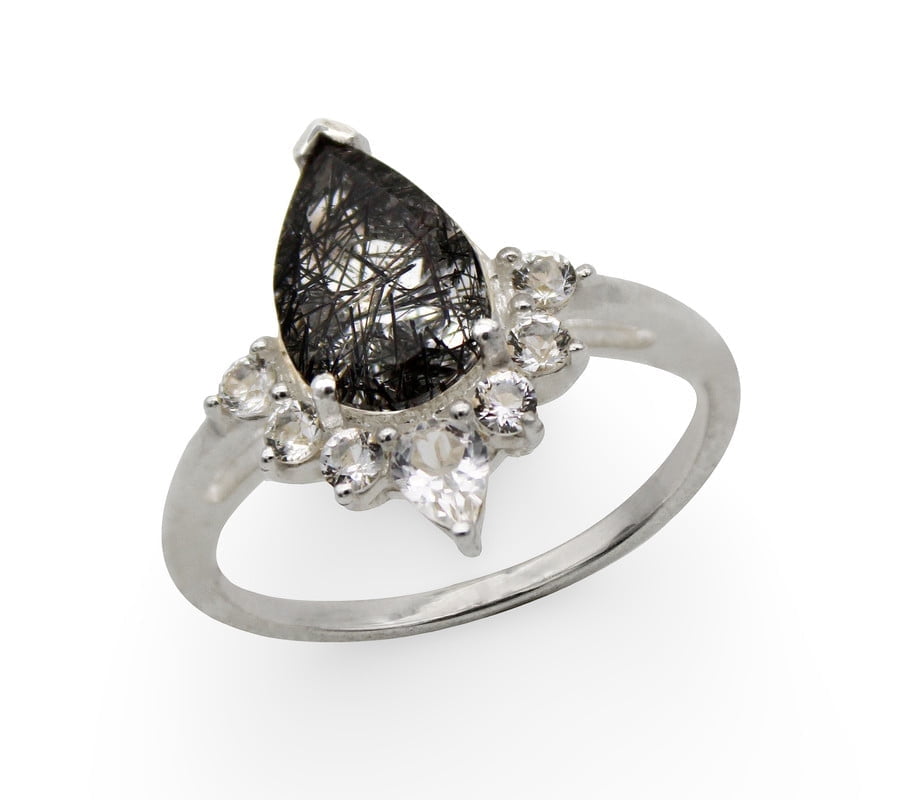 PILWALS Halo Black Rutile Engagement Rings 925 Sterling, Sterling ...