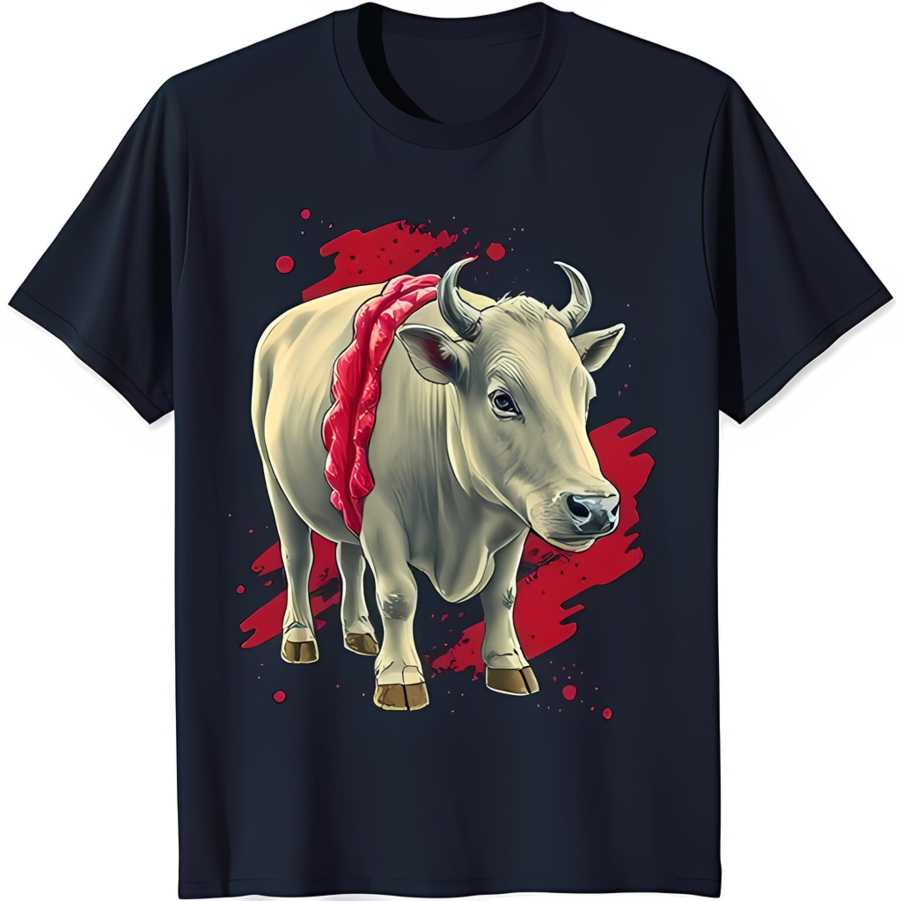 Unique Black T-Shirt Featuring a White Cow with a Red Bloody Neck Ring ...