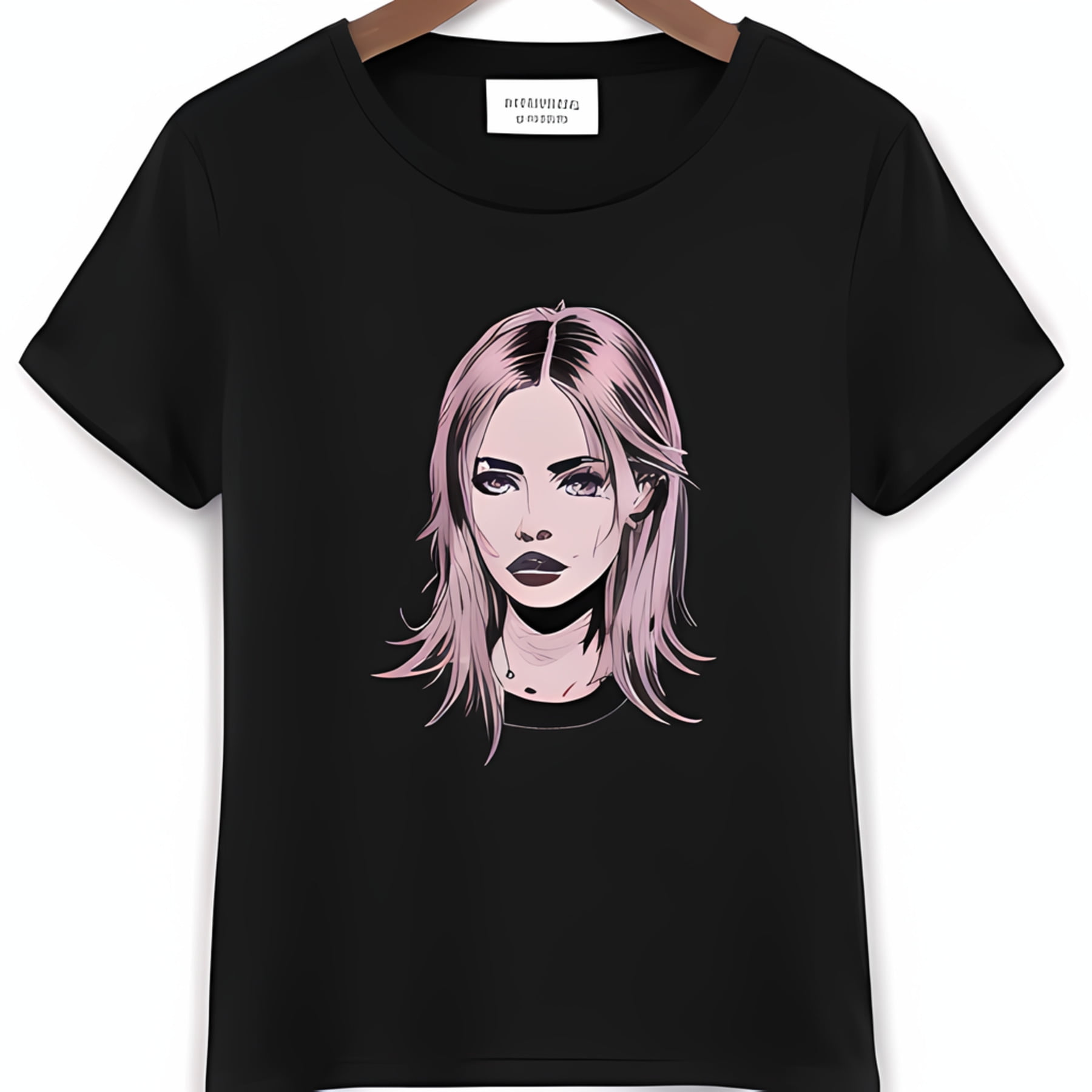 Unique Black T-Shirt: Margot Robbie Anime Face with Pink Hair ...