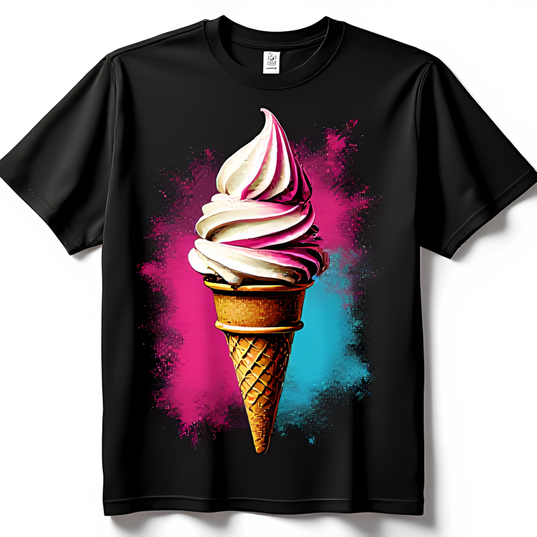 Unique Black T-Shirt with Melting Ice Cream Graphic Vibrant Splatter ...