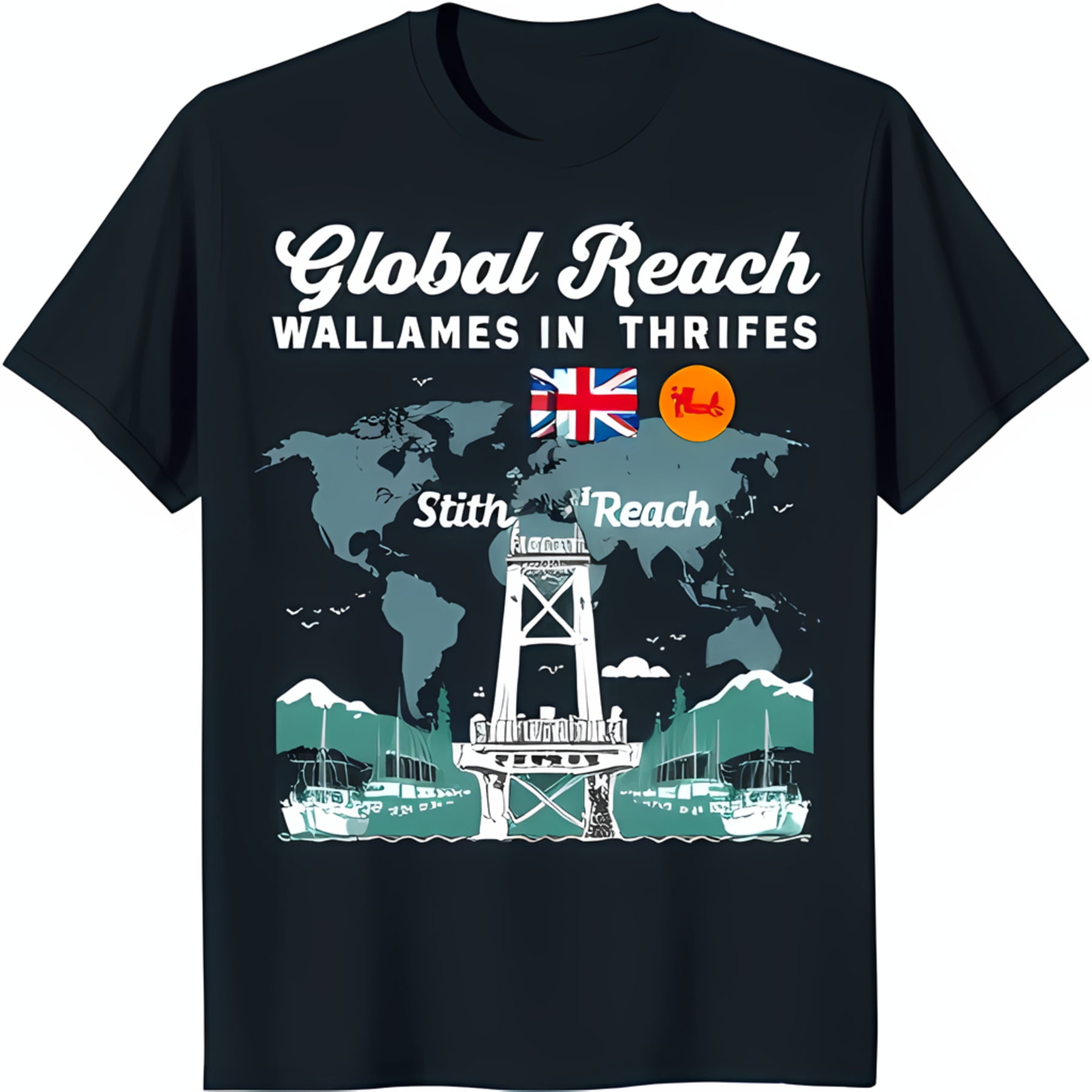 Unique Black T-Shirt with Retro World Map & Bridge Graphic Fun Design ...