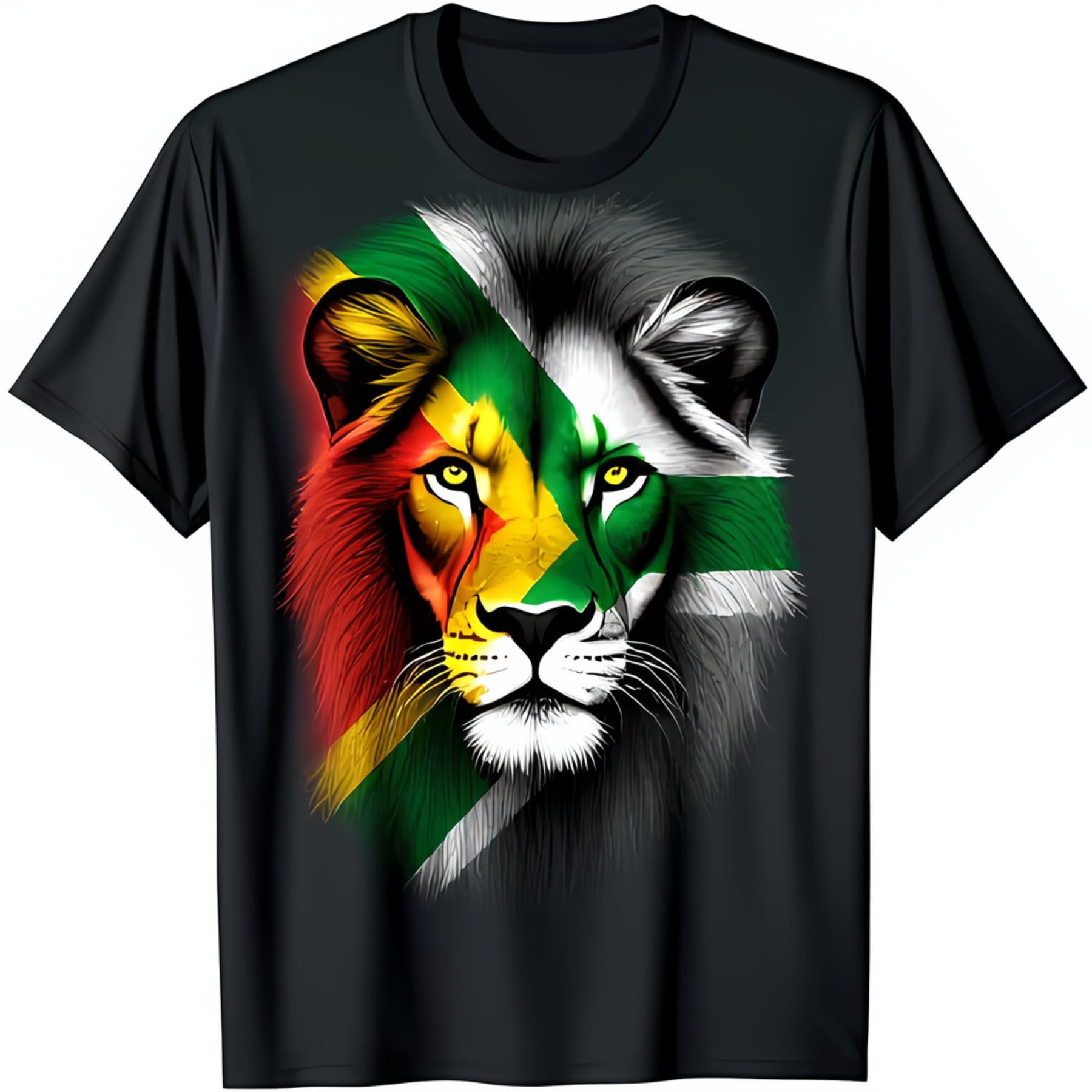 Unique Black T-Shirt with Split Lion Face Graphic & Guyana Design ...